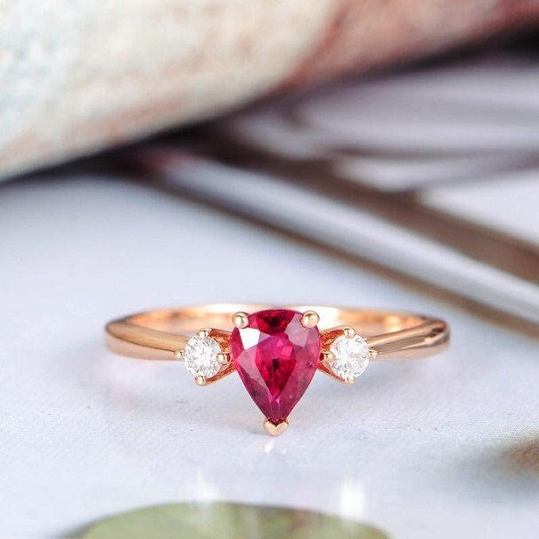 Lab Ruby Ring July Birthstone Pear Cut Delicate Ring Sterling Silver Solitaire Engagement Ring ...