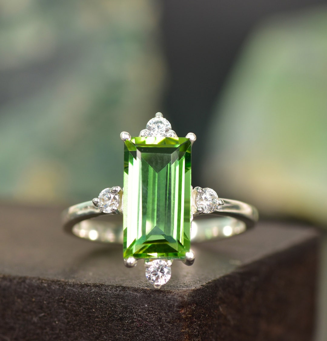 Solid Gold Peridot Long Baguette Diamond Anniversary Ring,customizable ...