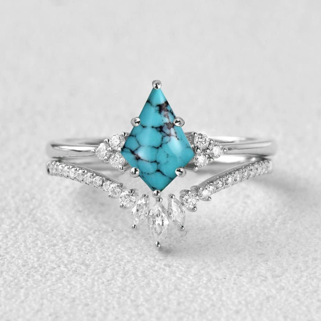 Vintage Turquoise Engagement Ring Set,11x7mm Kite Turquoise Bridal Set ...