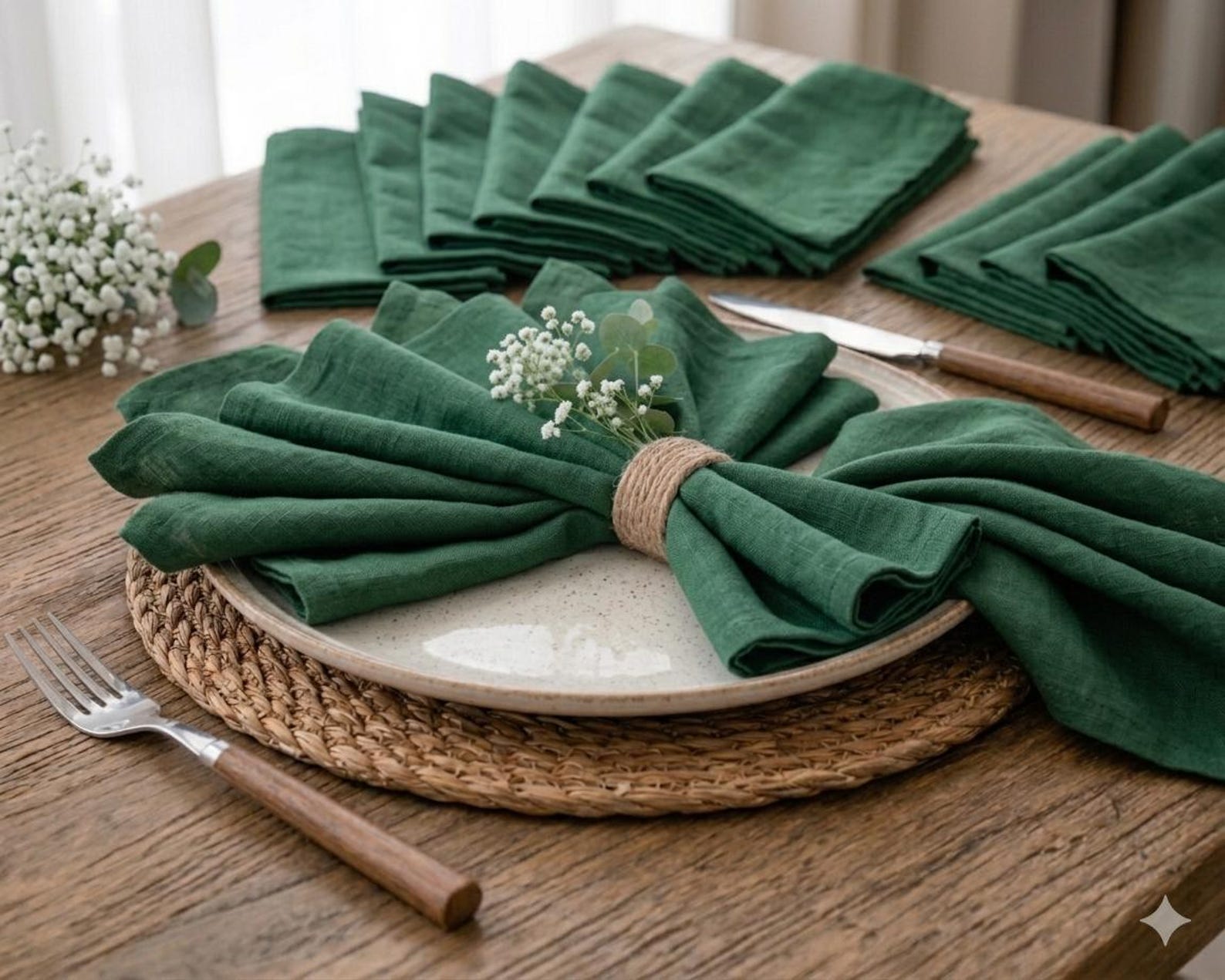 Emerald Green Linen Napkins, Reusable Cloth Dinner Napkins, Rustic ...