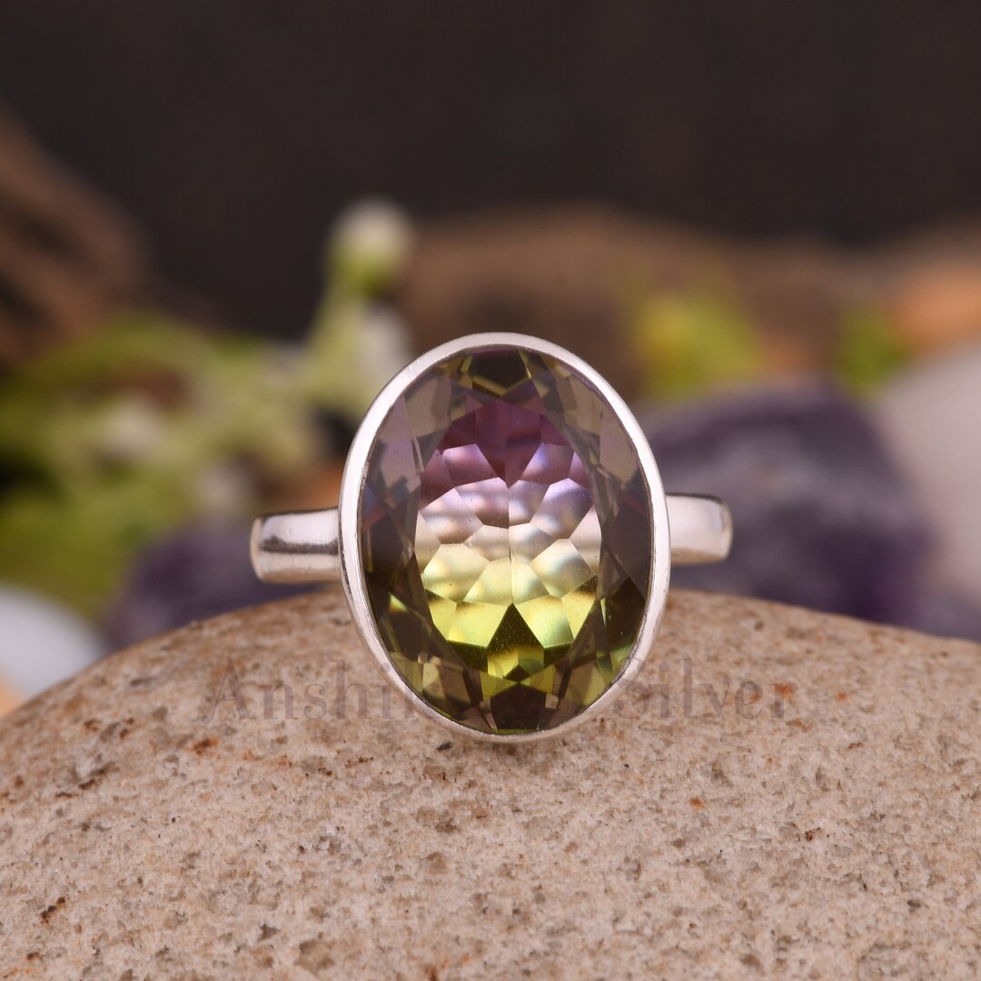 Bio Peacock Quartz Ring, Oval Cut Peacock Quartz Ring, 925 Sterling ...