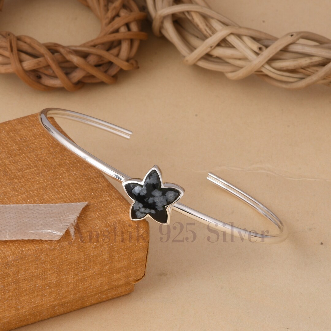 Beautiful Snow Flake Obsidian Bangle, Unique Star Bangle, Designer Cuff 925 Sterling Silver ...