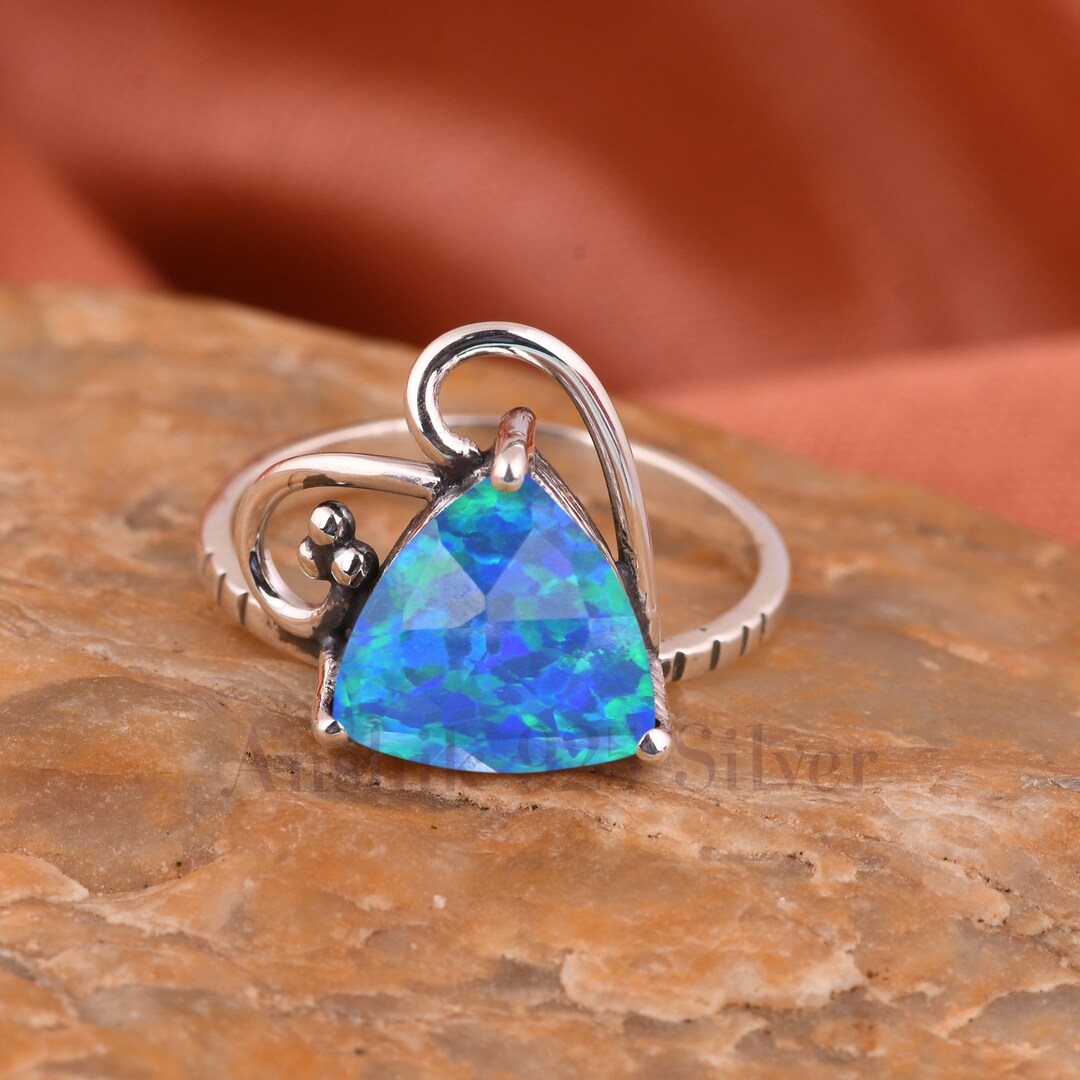 Top Rare Blue Fire Green Opal Gemstone Ring, 925 Sterling Silver Green Fire Opal Ring, Unique ...