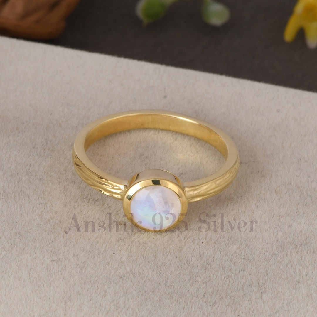 14K Gold Rainbow Moonstone Ring Handmade Texture Ring Solid Yellow Gold ...
