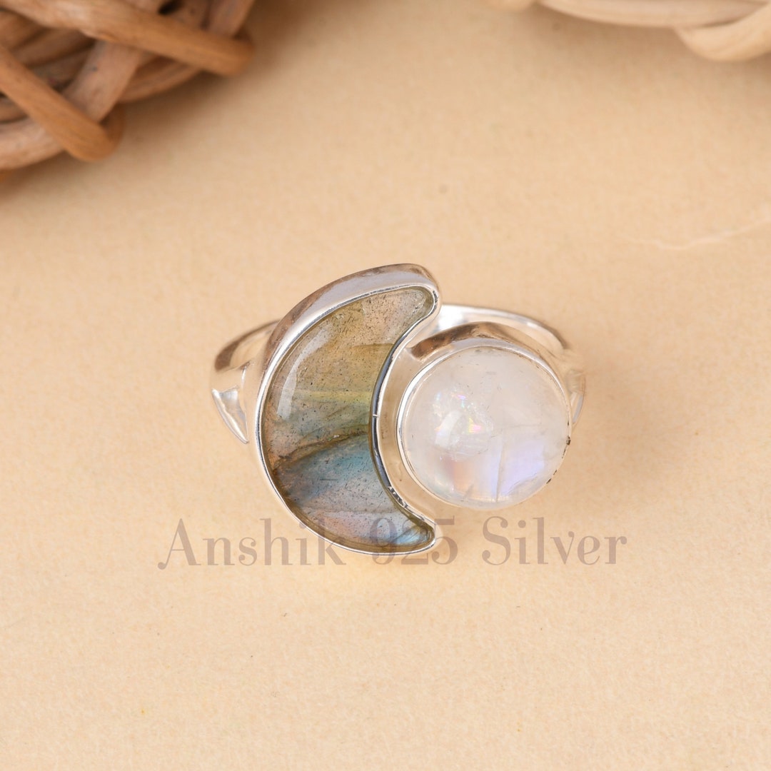 Blue Labradorite & Rainbow Moonstone Ring /925 Sterling Silver Ring ...