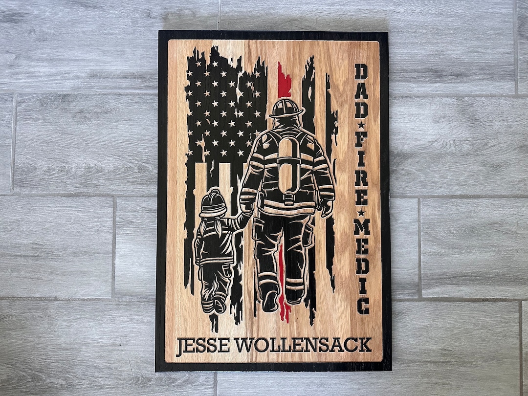Carved Wood Firefighter Sign, American Flag Thin Red Line, Personalized ...