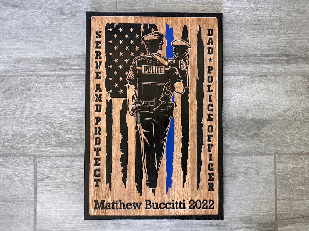 Carved Wood Police Officer Sign, Dad American Flag Thin Blue Line ...