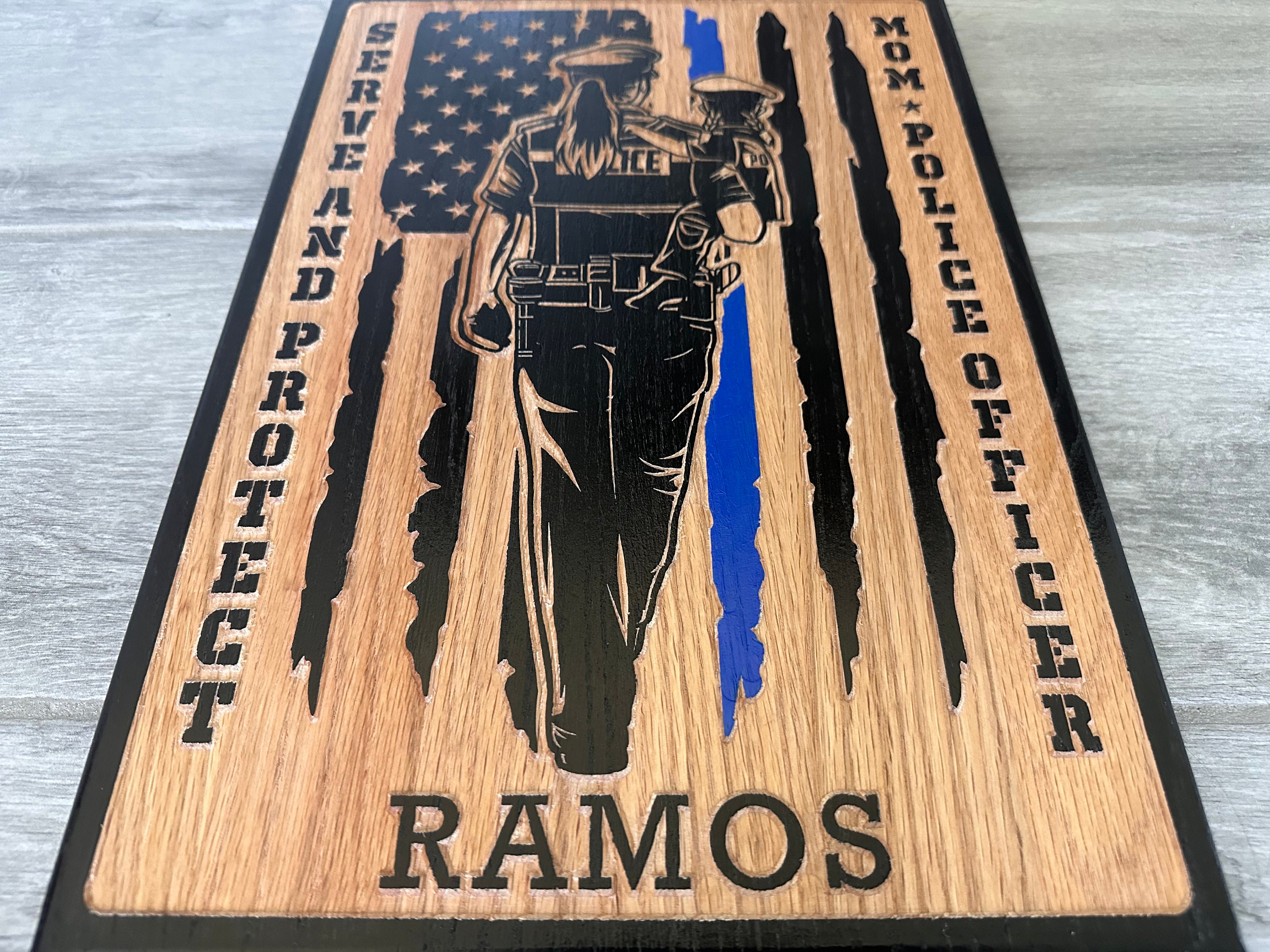 Carved Wood Police Officer Sign, Mom American Flag Thin Blue Line ...