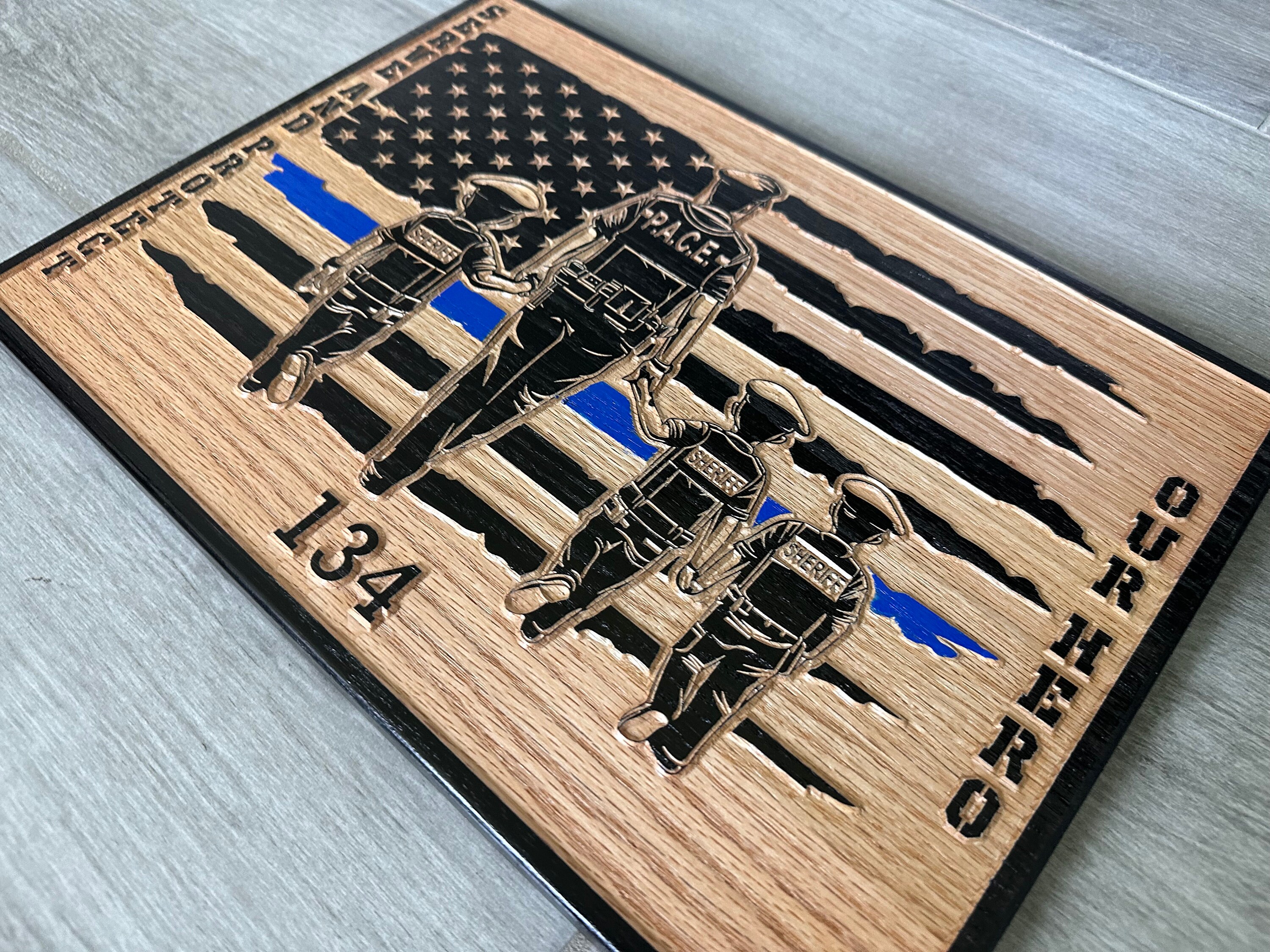 Carved Wood Police Officer Sign, Dad American Flag Thin Blue Line ...
