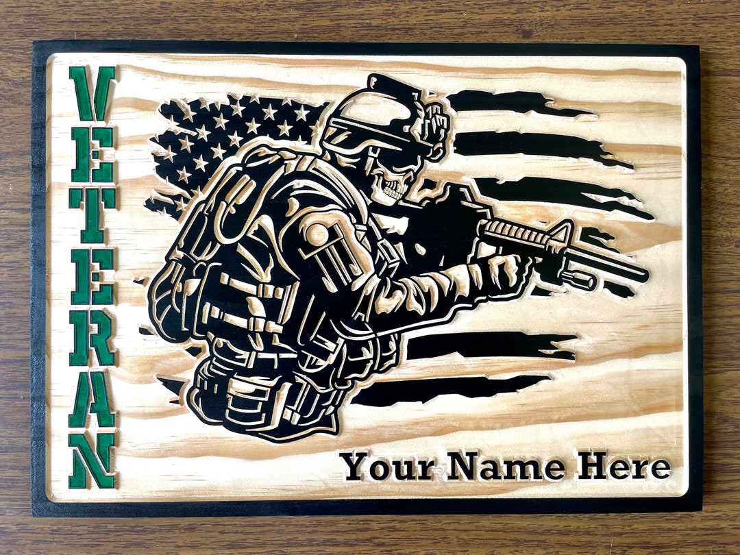 Carved Wood Veteran Sign, American US Flag Thin Green Line ...