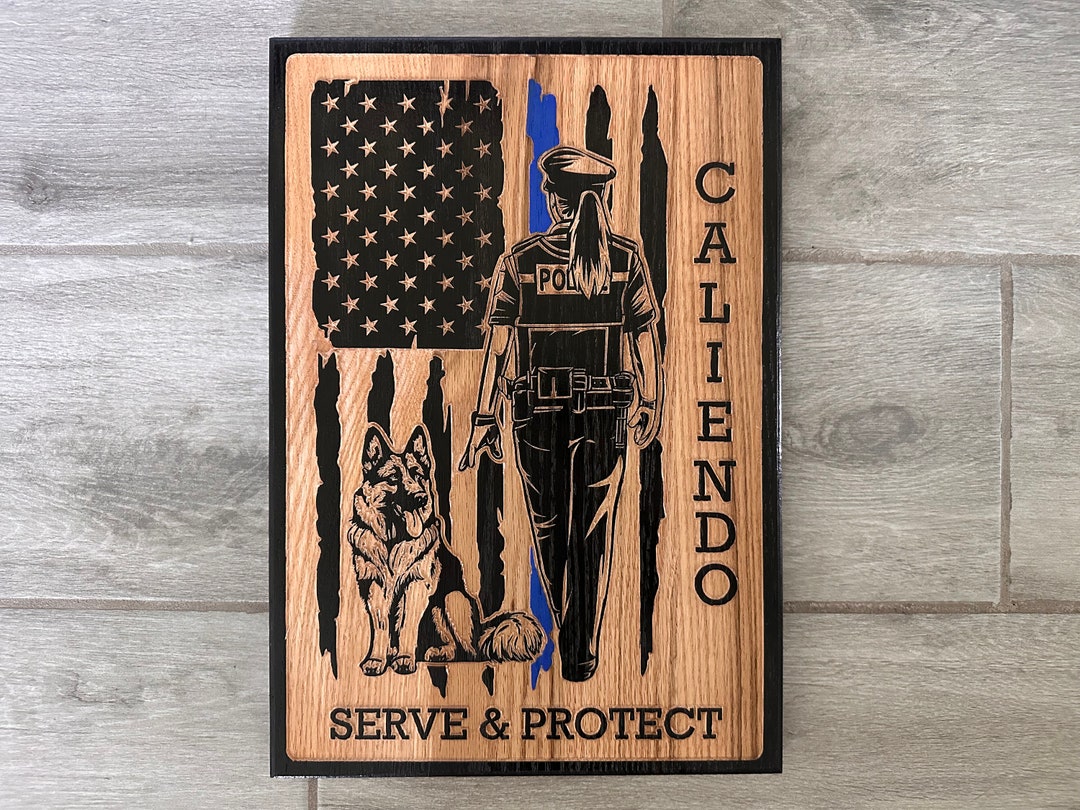 Carved Wood Police Officer Sign, Female K9 Dog US Flag Thin Blue Line ...