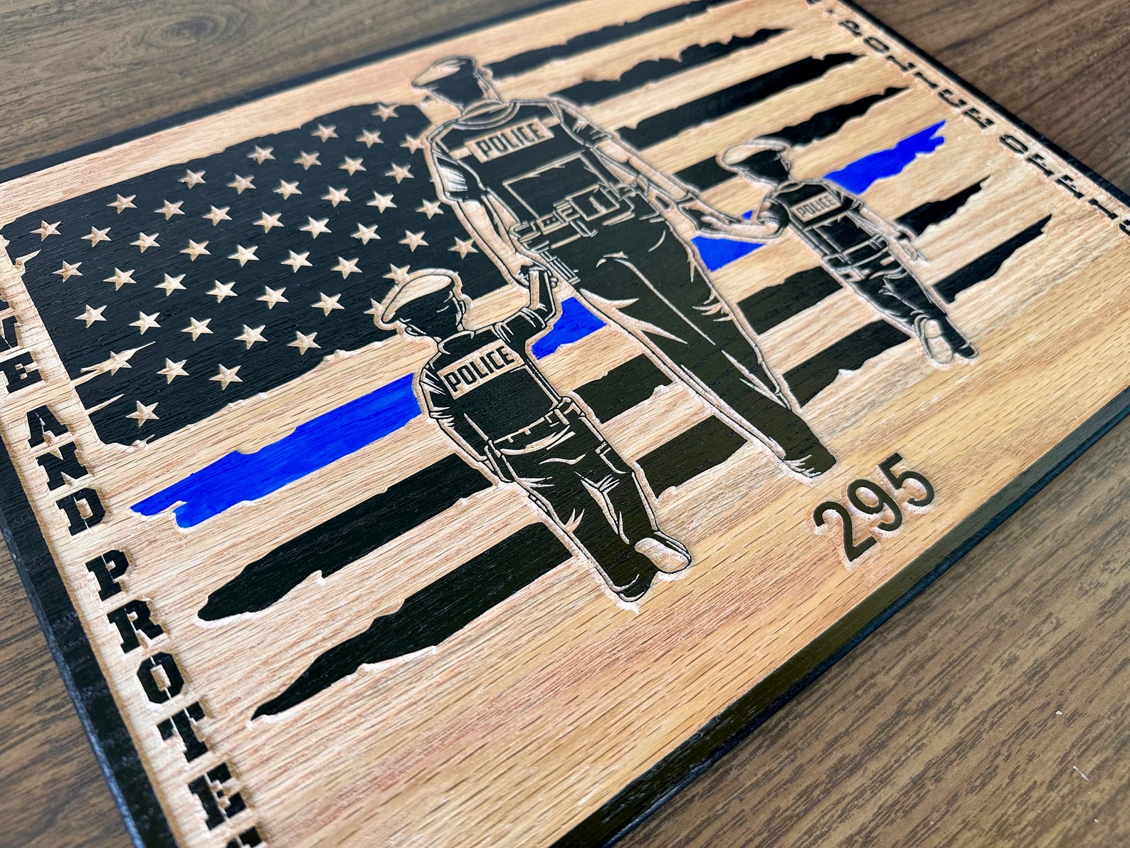Carved Wood Police Officer Sign, Dad American Flag Thin Blue Line ...