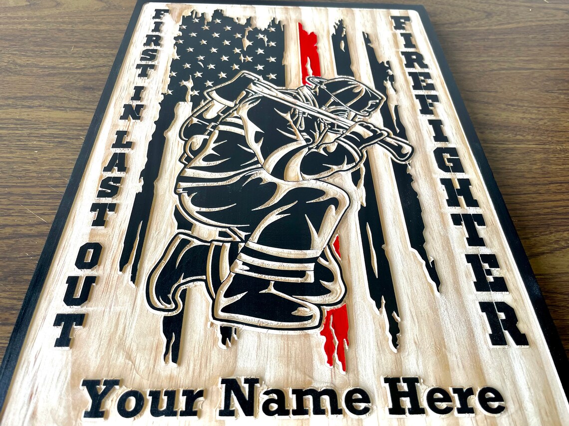 Carved Wood Firefighter Sign American Flag Thin Red Line - Etsy