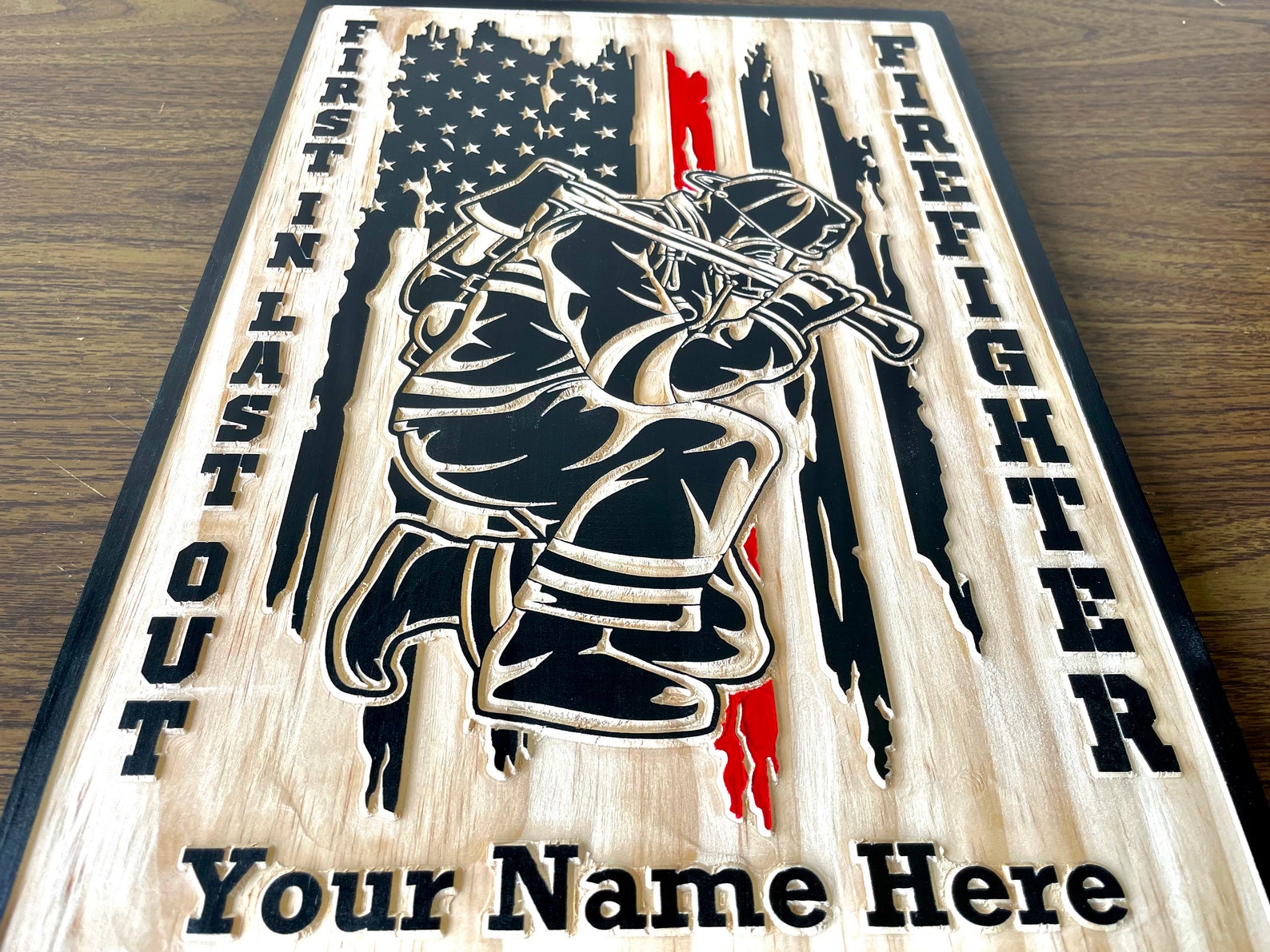 Carved Wood Firefighter Sign American Flag Thin Red Line - Etsy