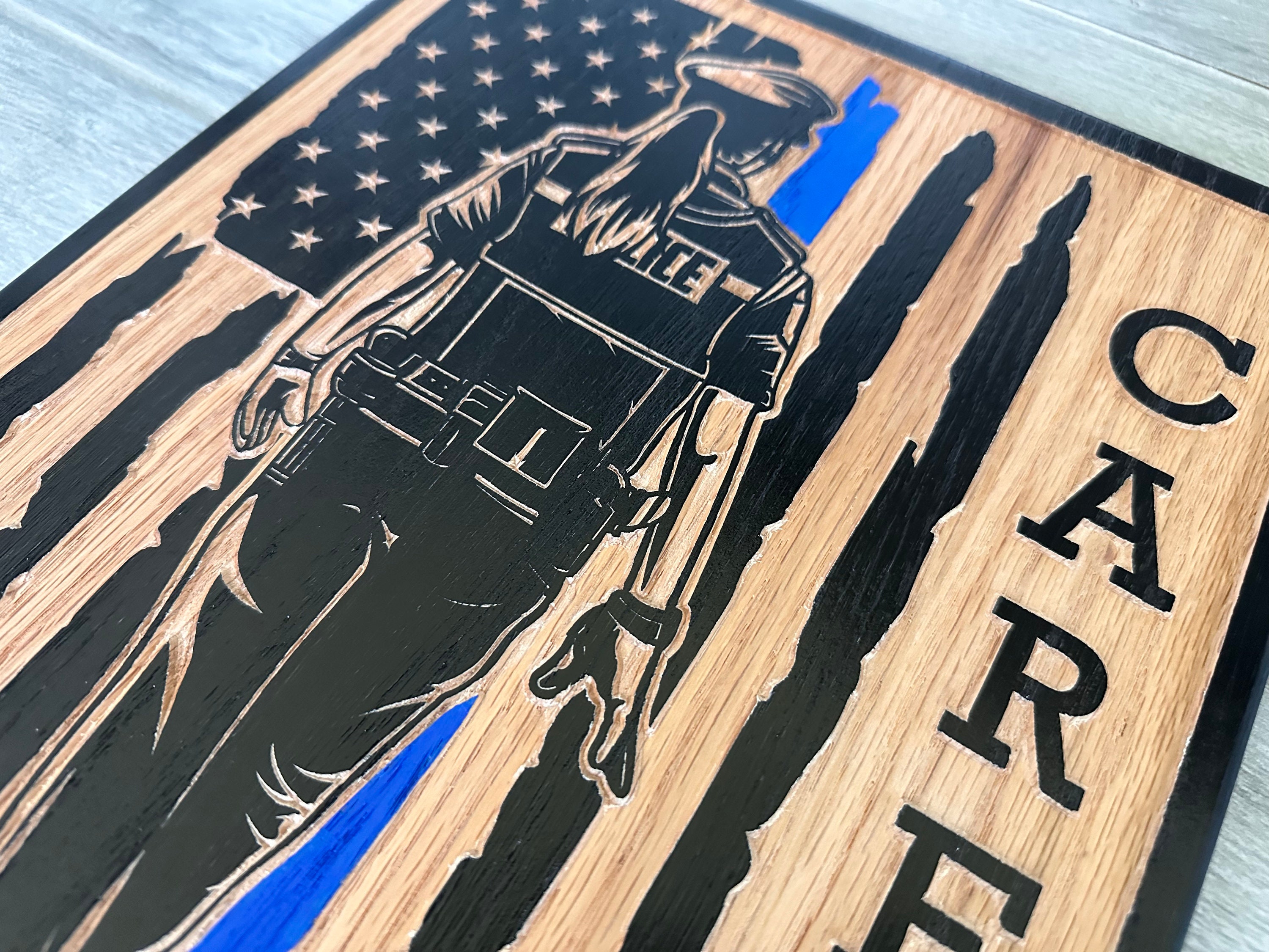 Carved Wood Police Officer Sign, Female US Flag Thin Blue Line ...