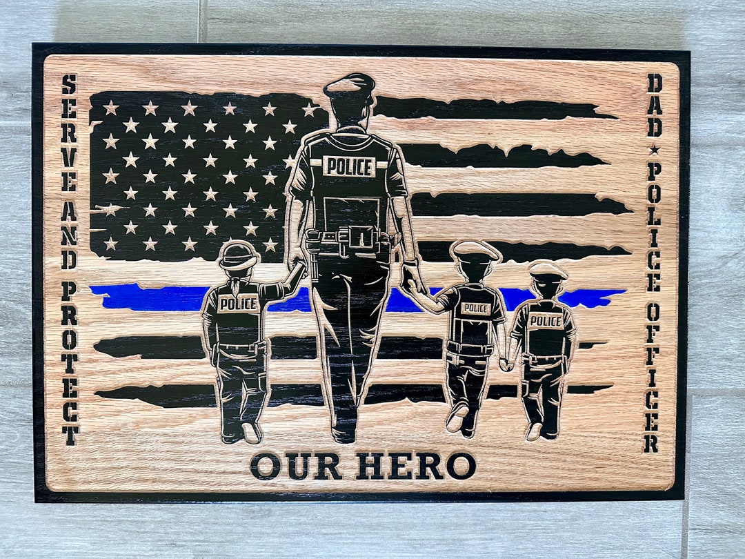 Carved Wood Police Officer Sign, Dad American Flag Thin Blue Line ...