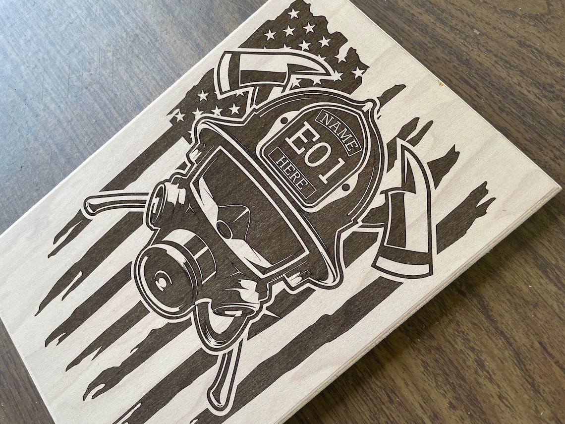 Wood Firefighter Laser Engraved Sign, Helmet American Flag Thin Red ...