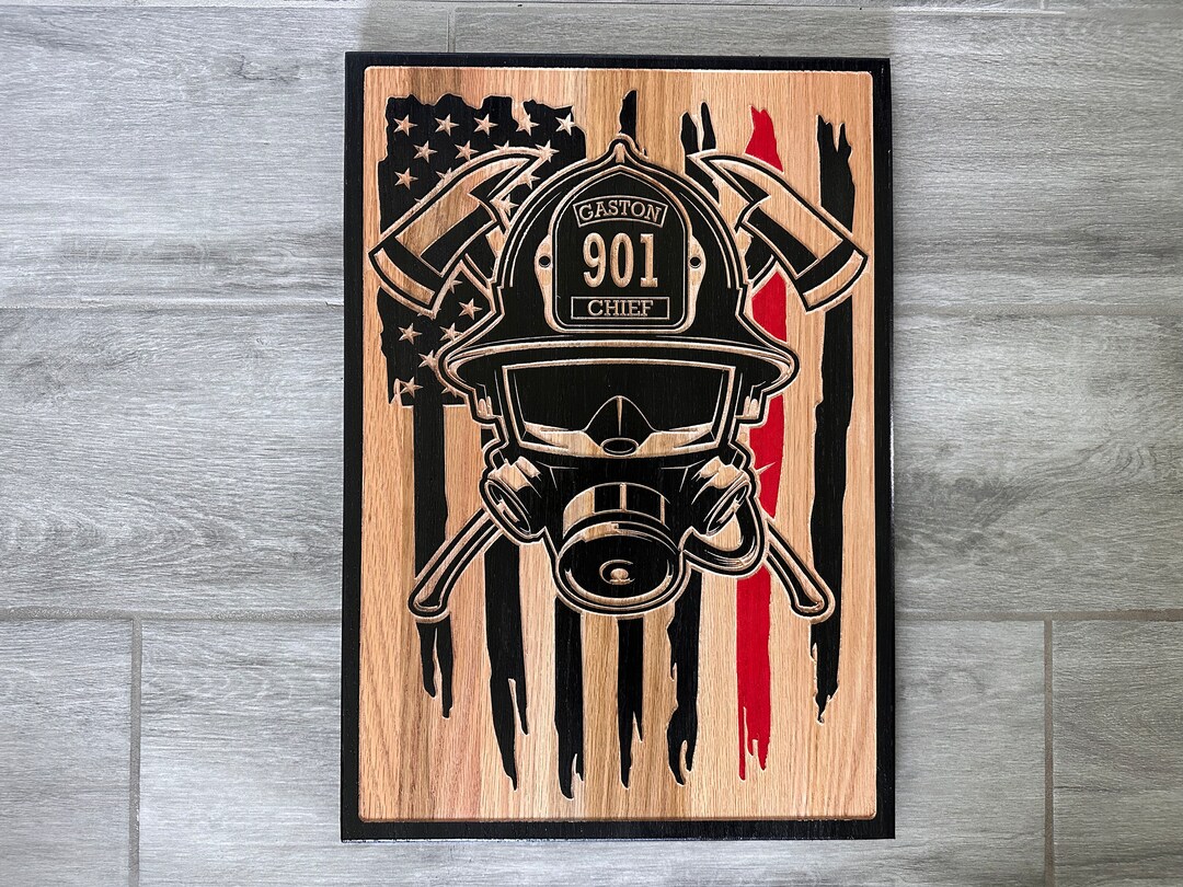 Carved Wood Firefighter Sign, Helmet American Flag Thin Red Line ...
