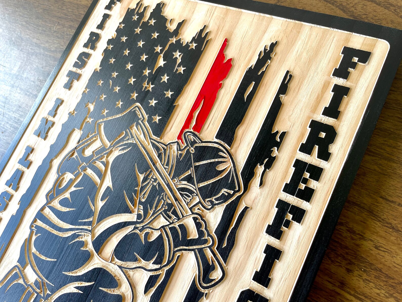 Carved Wood Firefighter Sign American Flag Thin Red Line - Etsy