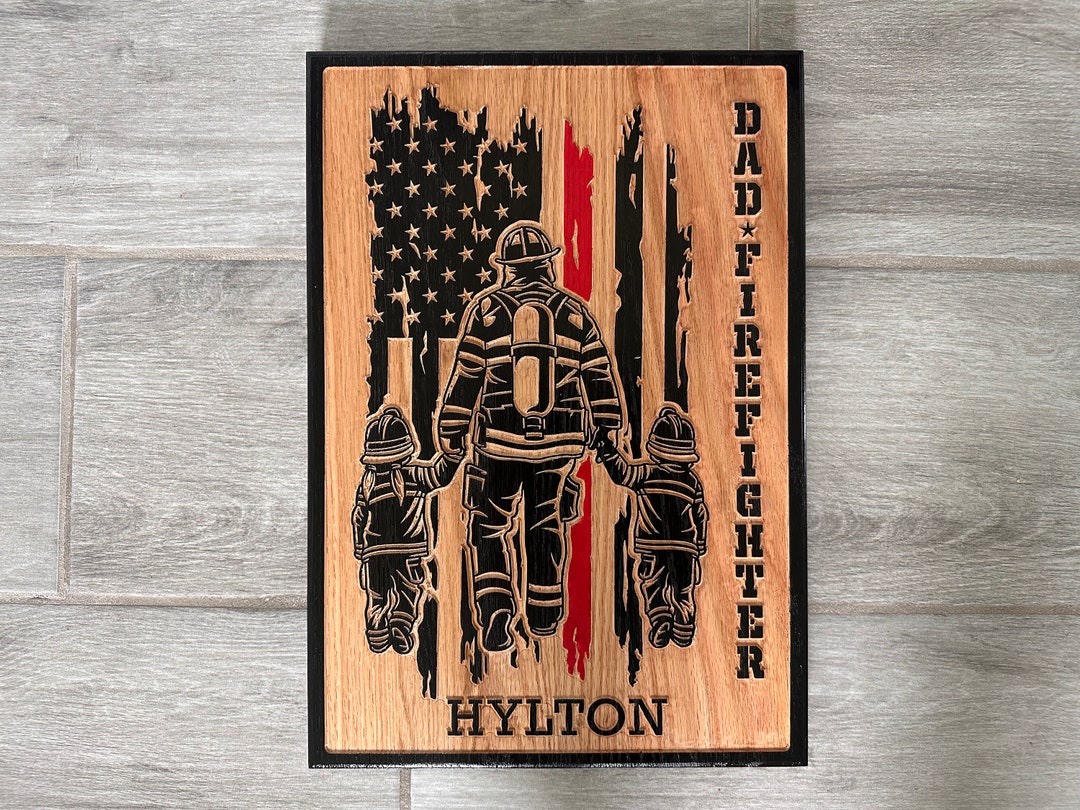 Carved Wood Firefighter Sign, American Flag Thin Red Line, Personalized ...