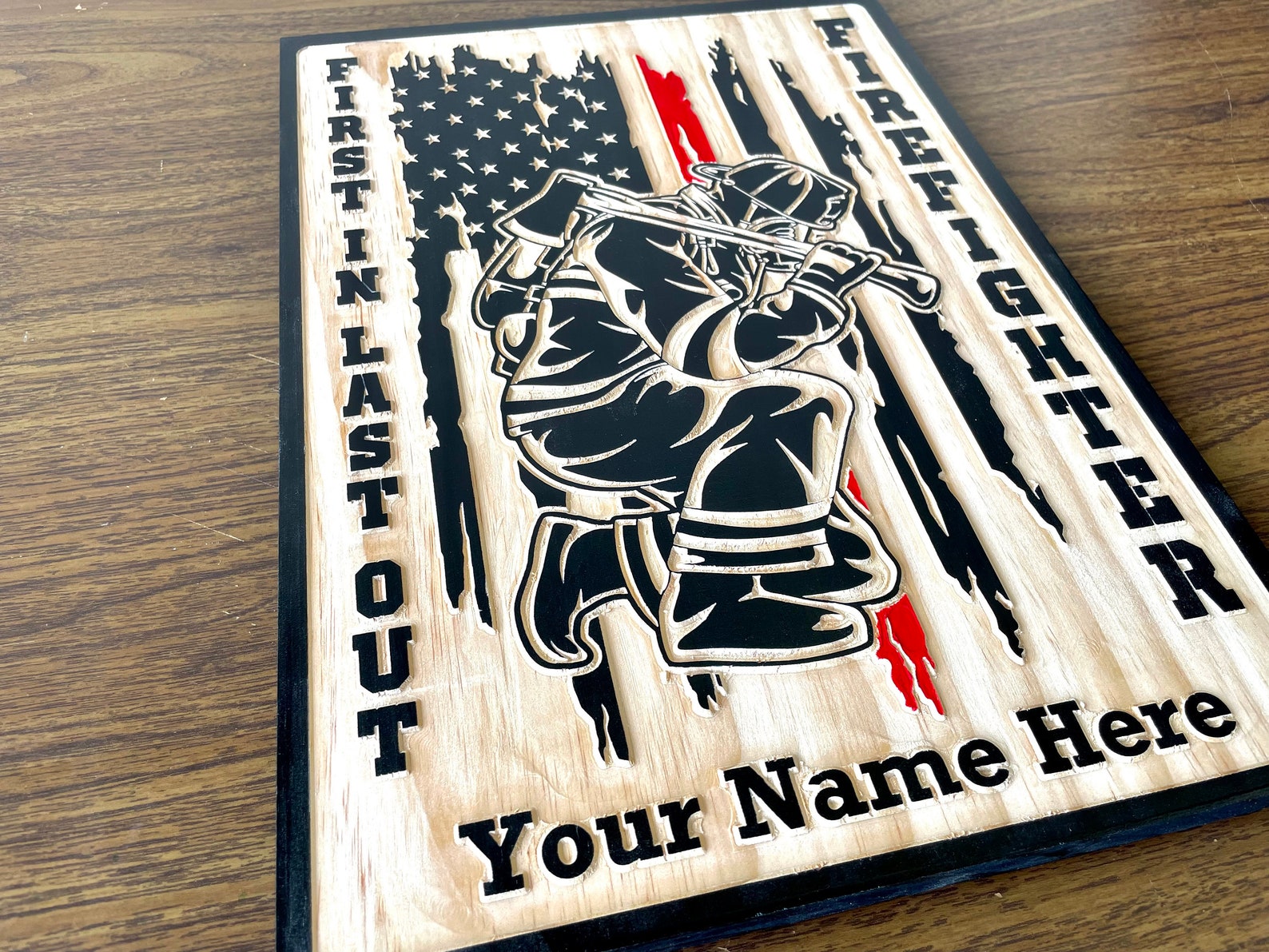 Carved Wood Firefighter Sign American Flag Thin Red Line - Etsy