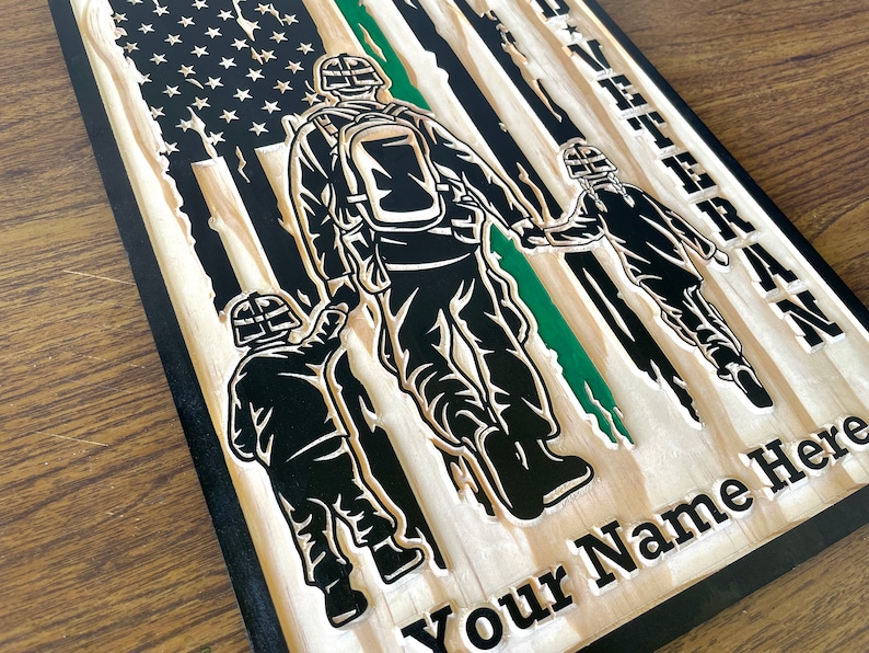 Carved Wood Veteran Sign, Father American Flag Thin Green Line ...