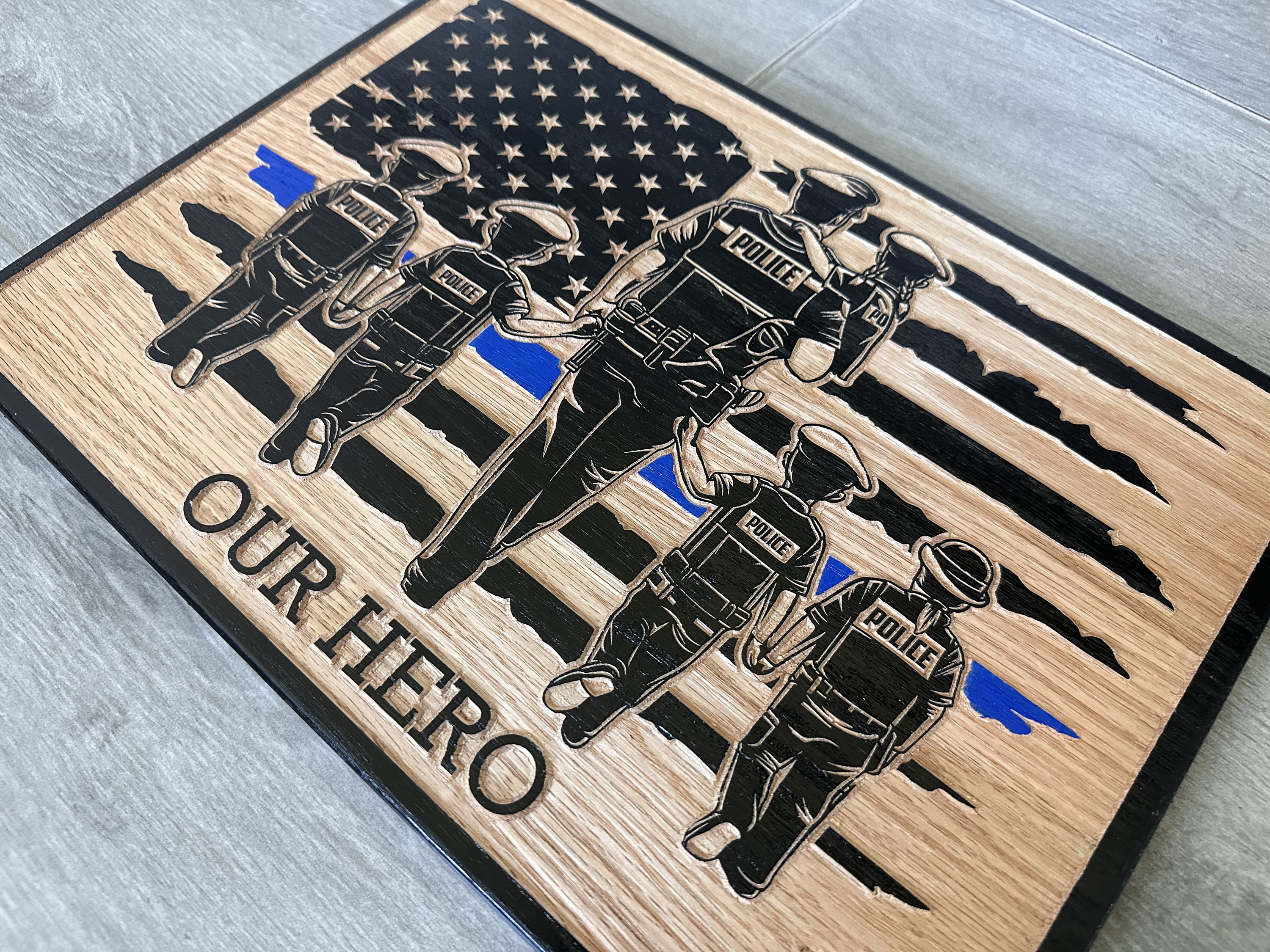 Carved Wood Police Officer Sign, Dad American Flag Thin Blue Line ...