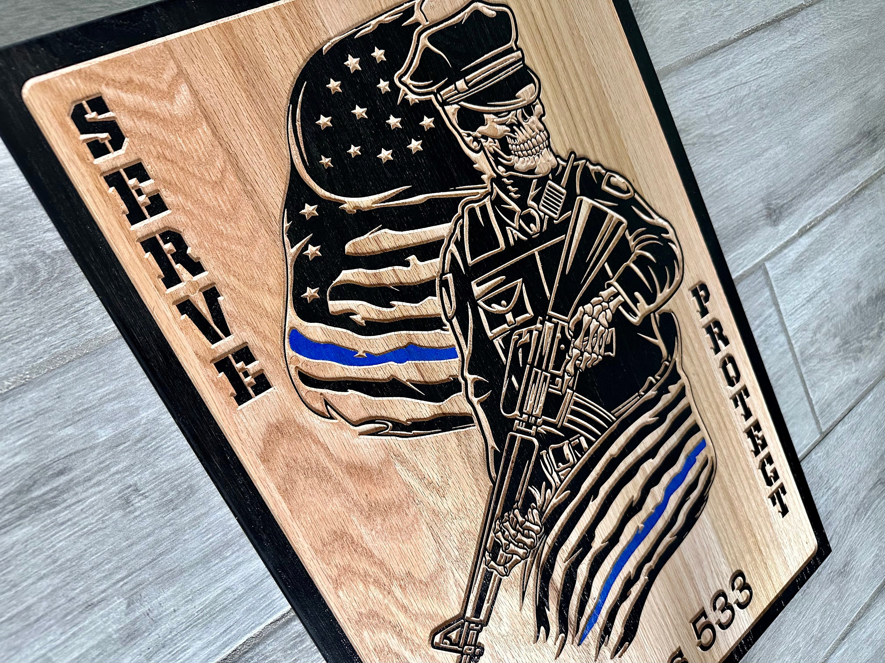 Carved Wood Police Officer Sign Skull American Flag Thin Blue - Etsy