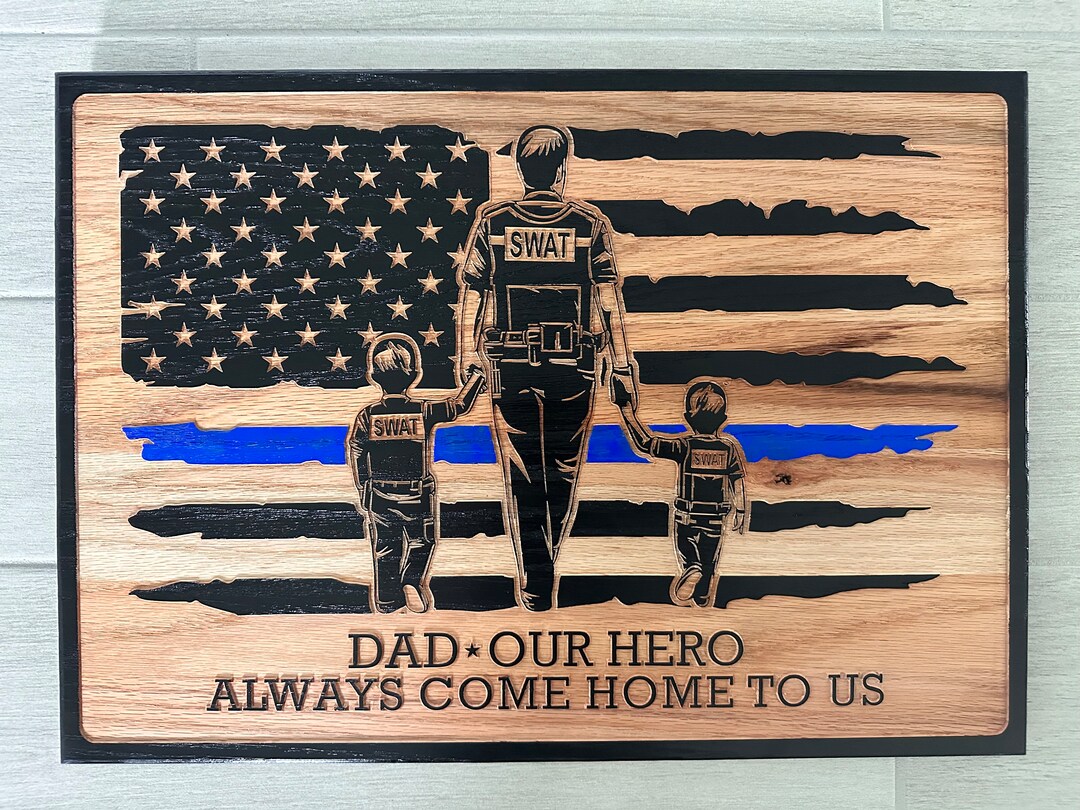 Carved Wood Police Officer Sign, Dad American Flag Thin Blue Line ...