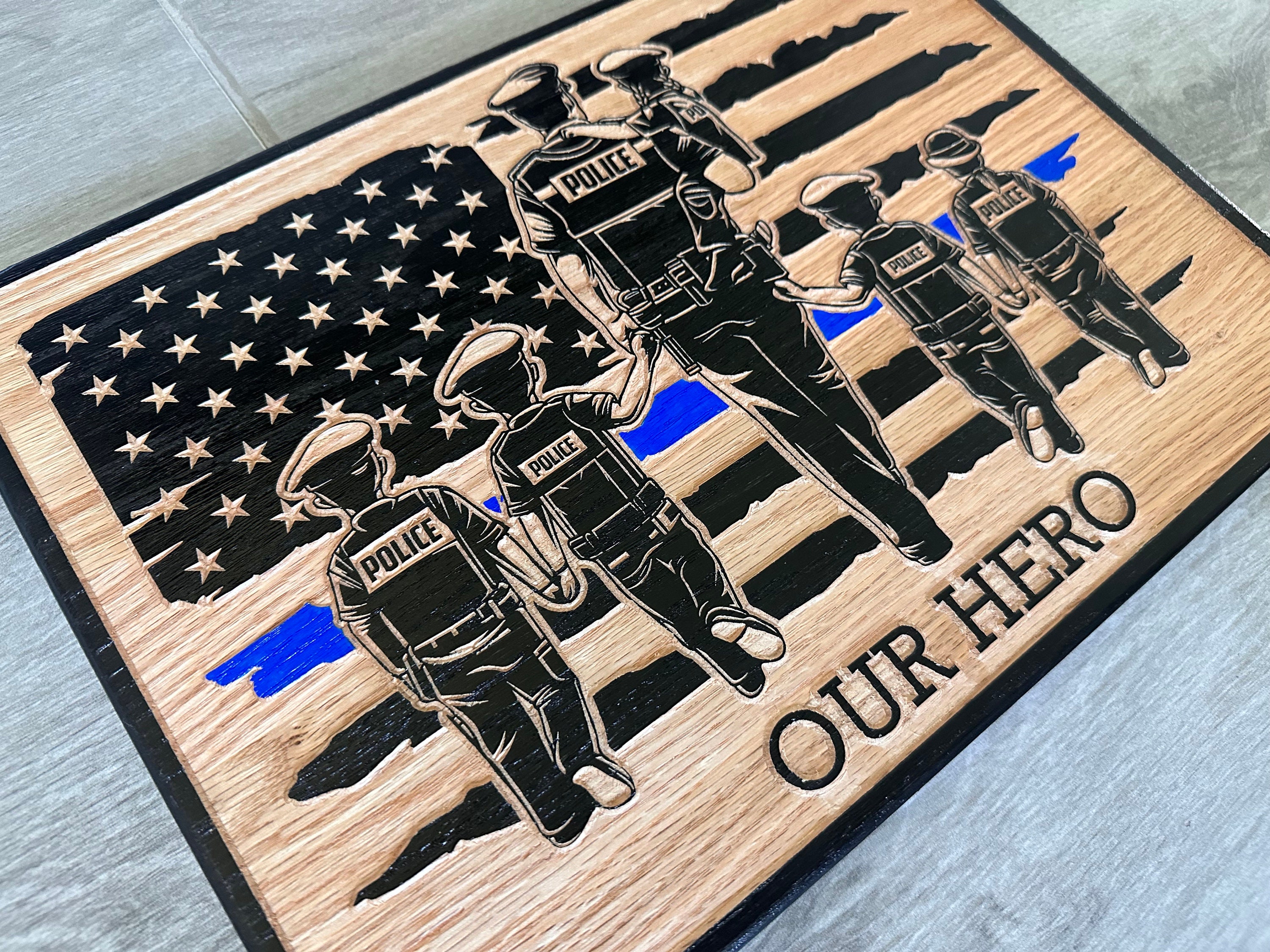 Carved Wood Police Officer Sign, Dad American Flag Thin Blue Line ...