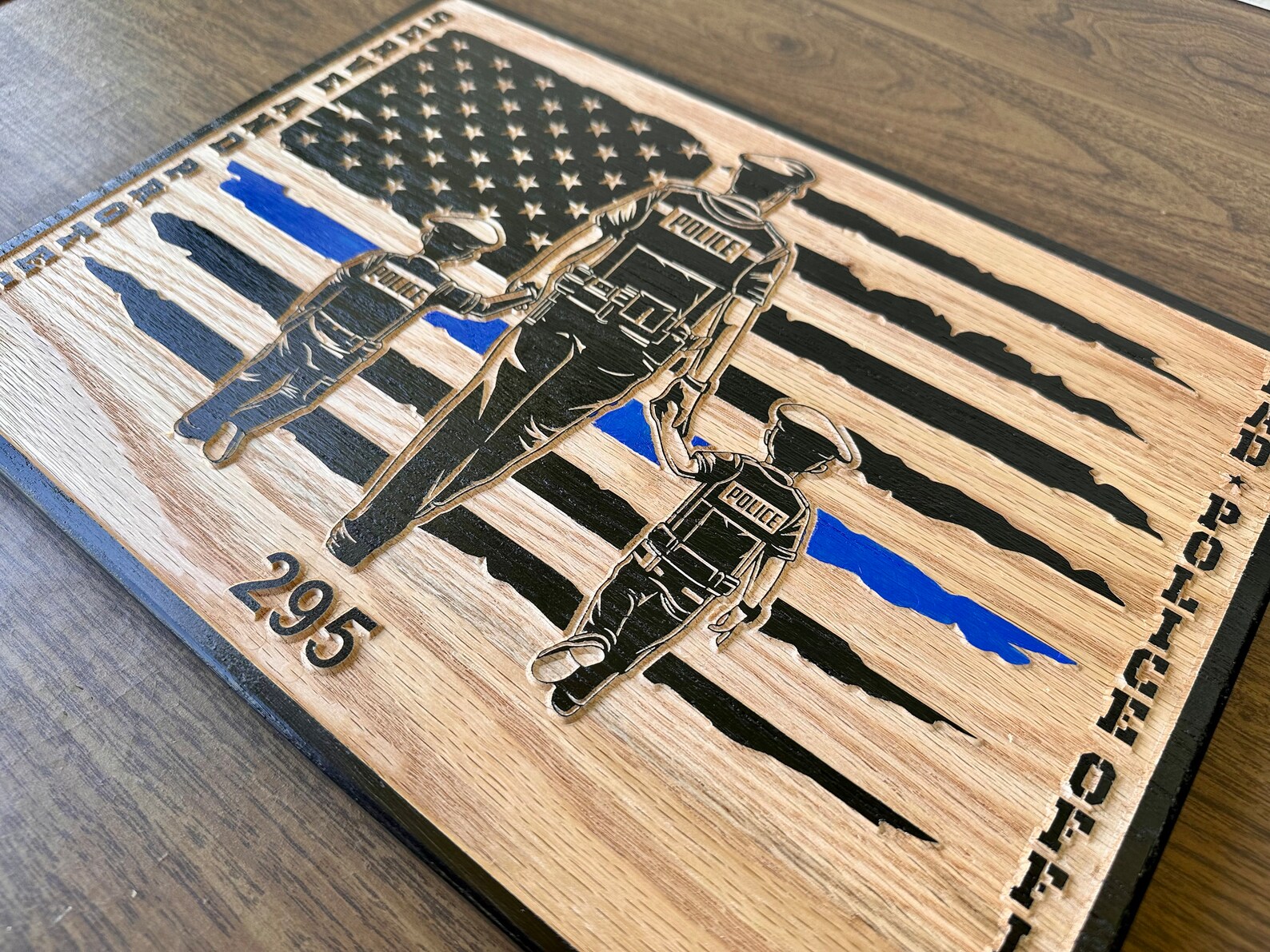 Carved Wood Police Officer Sign, Dad American Flag Thin Blue Line ...
