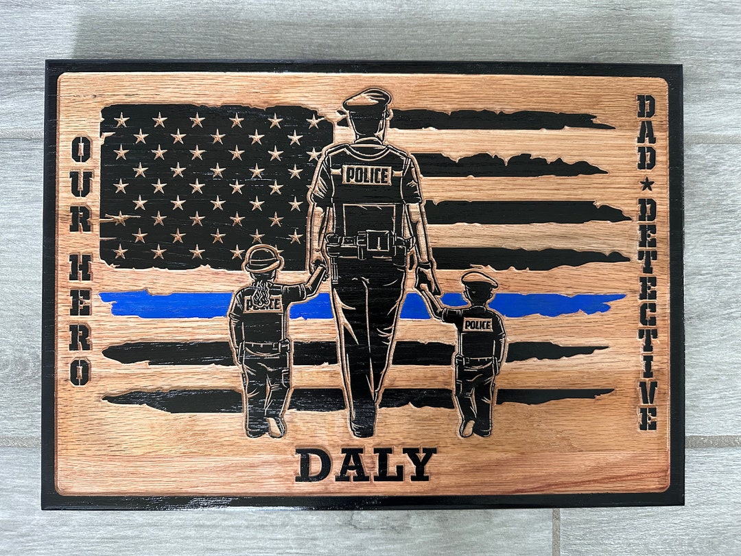 Carved Wood Police Officer Sign, Dad American Flag Thin Blue Line ...