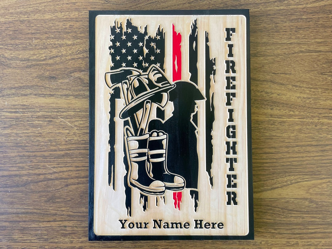 Carved Wood Firefighter Sign, American Flag Thin Red Line, Personalized ...