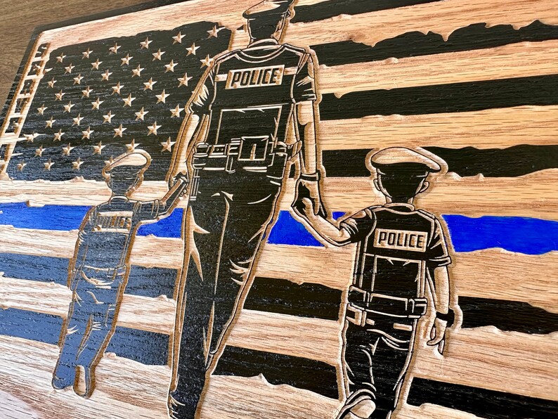 Carved Wood Police Officer Sign, Dad American Flag Thin Blue Line ...