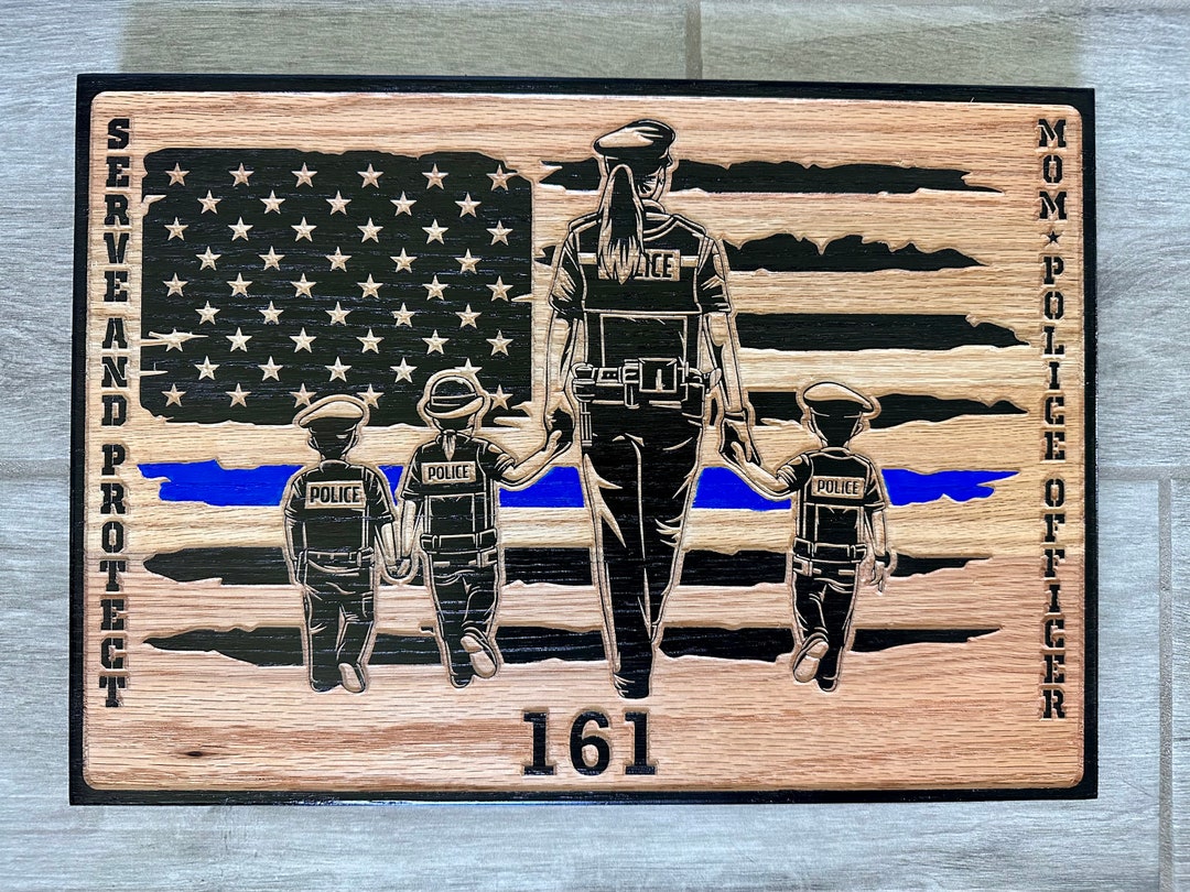 Carved Wood Police Officer Sign, Mom American Flag Thin Blue Line ...
