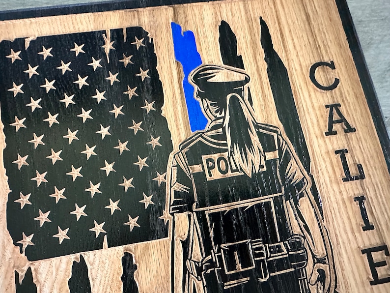 Carved Wood Police Officer Sign, Female K9 Dog US Flag Thin Blue Line ...