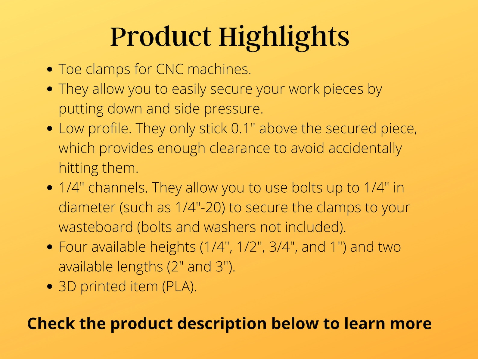 CNC Toe Clamps Low Profile, 3D Printed CNC Down Side Pressure Clamps ...