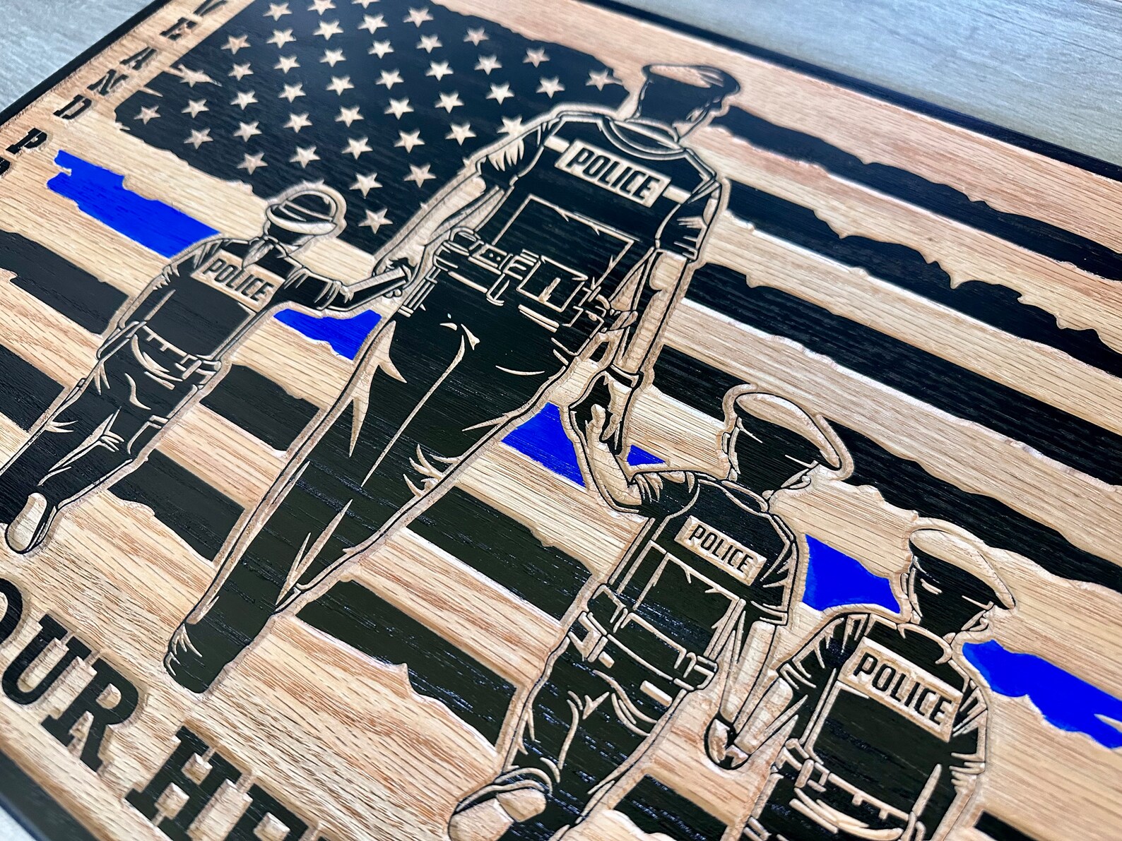 Carved Wood Police Officer Sign, Dad American Flag Thin Blue Line ...