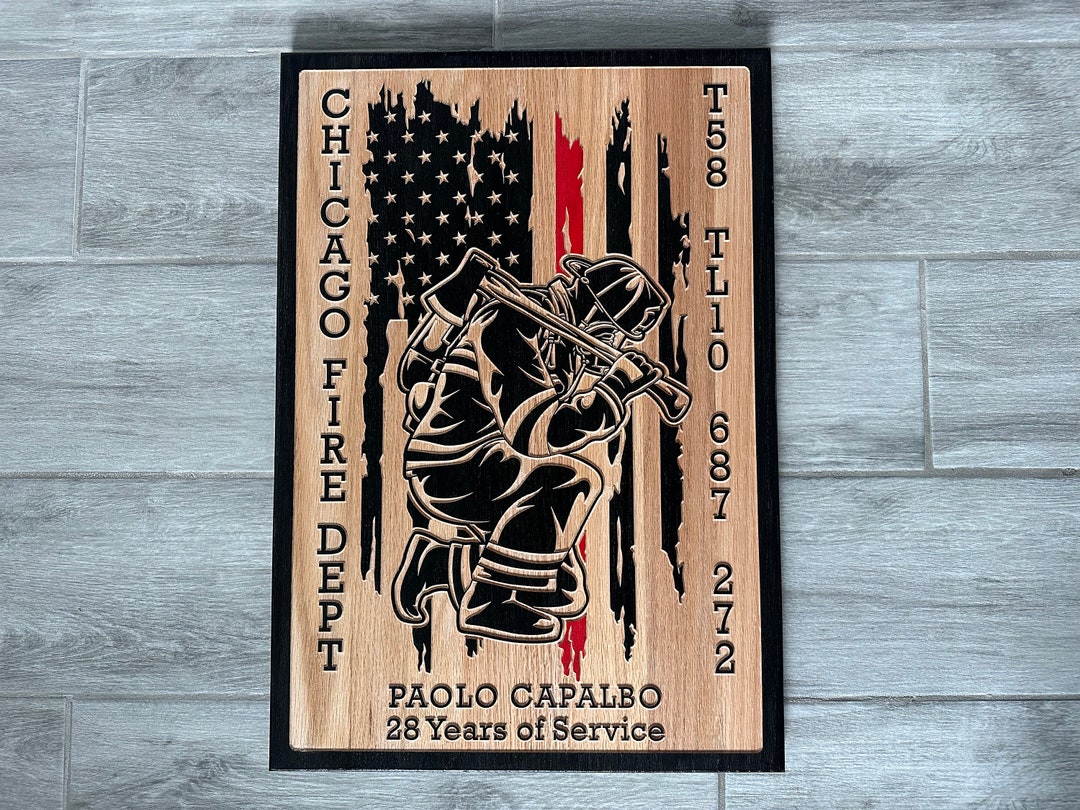 Carved Wood Firefighter Sign, American Flag Thin Red Line, Personalized ...