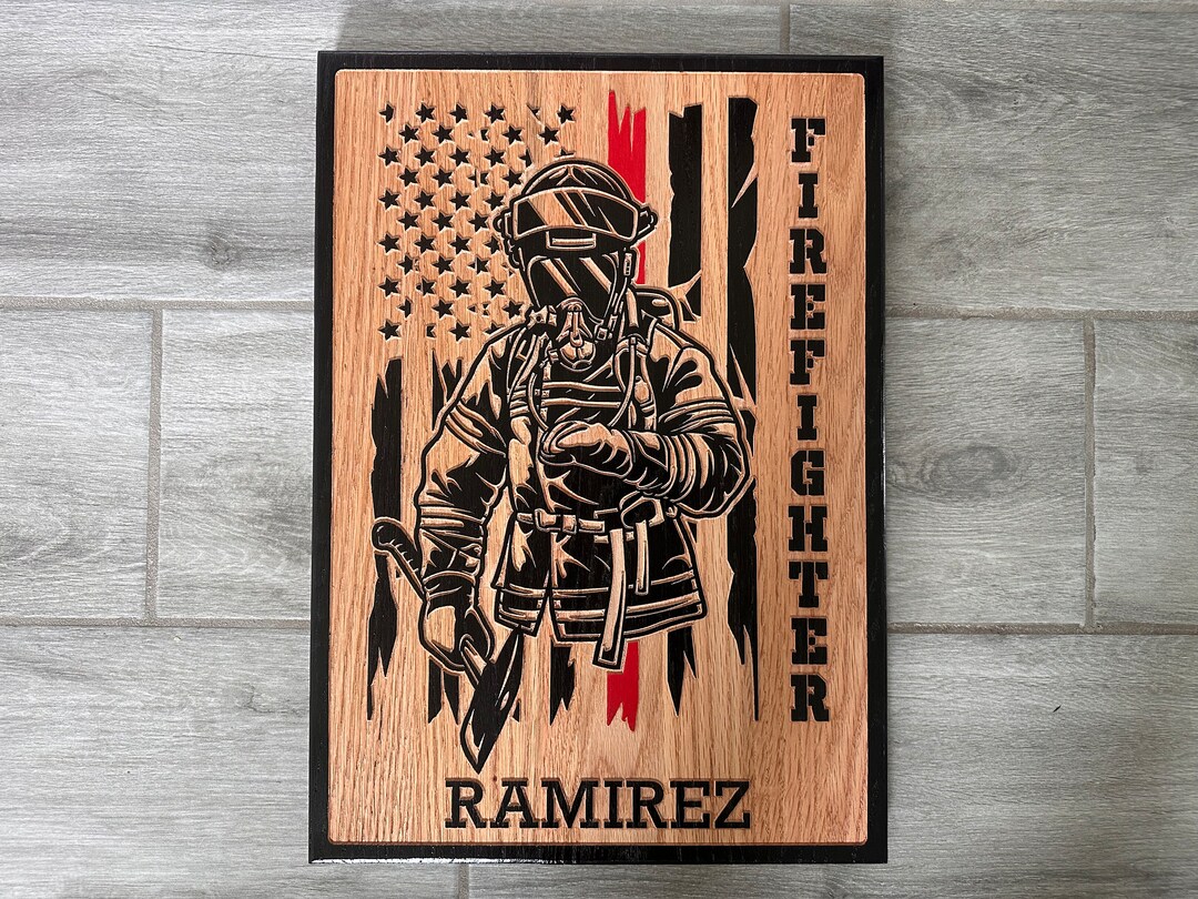 Carved Wood Firefighter Sign, American Flag Thin Red Line, Personalized ...