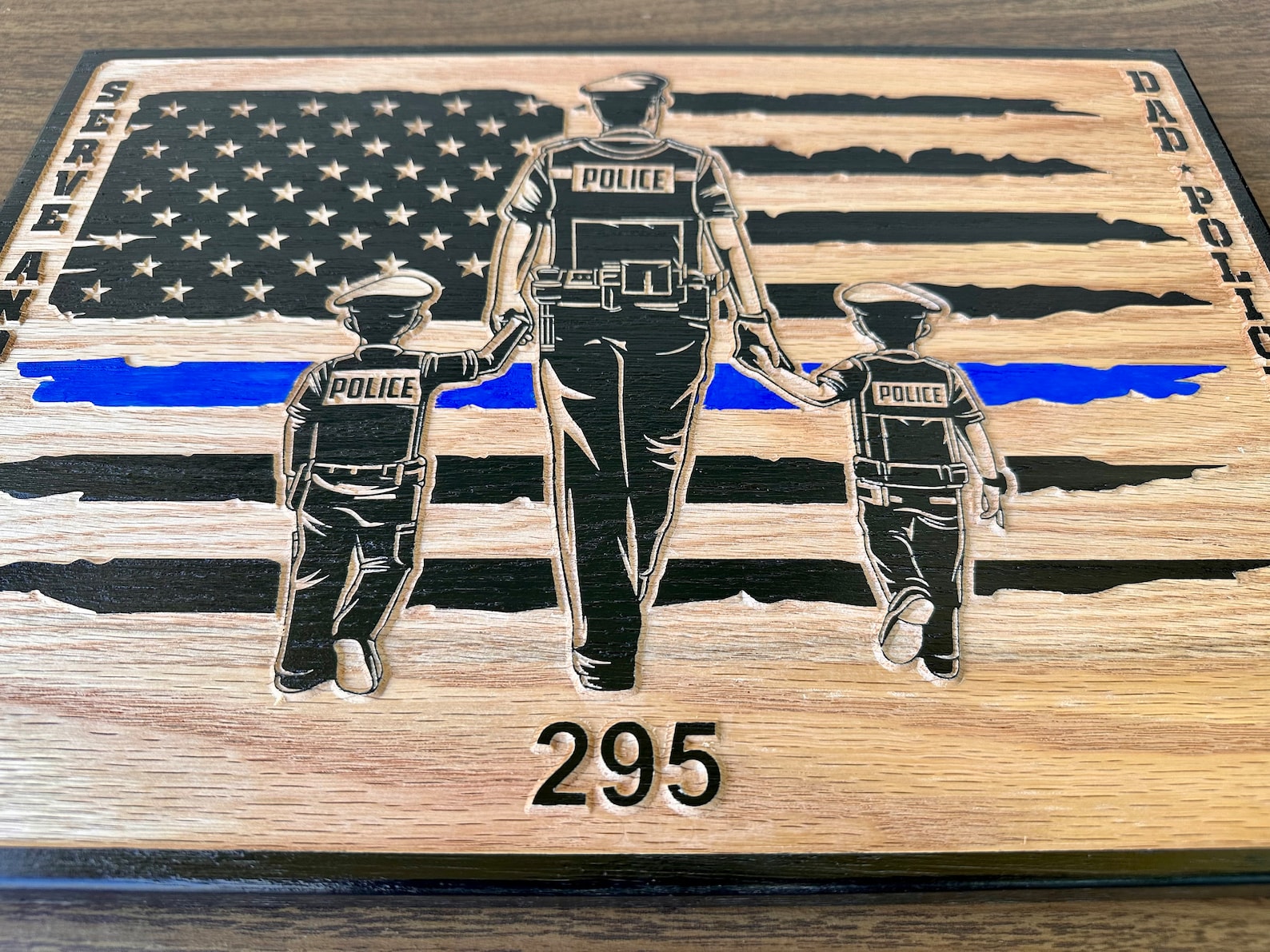 Carved Wood Police Officer Sign, Dad American Flag Thin Blue Line ...