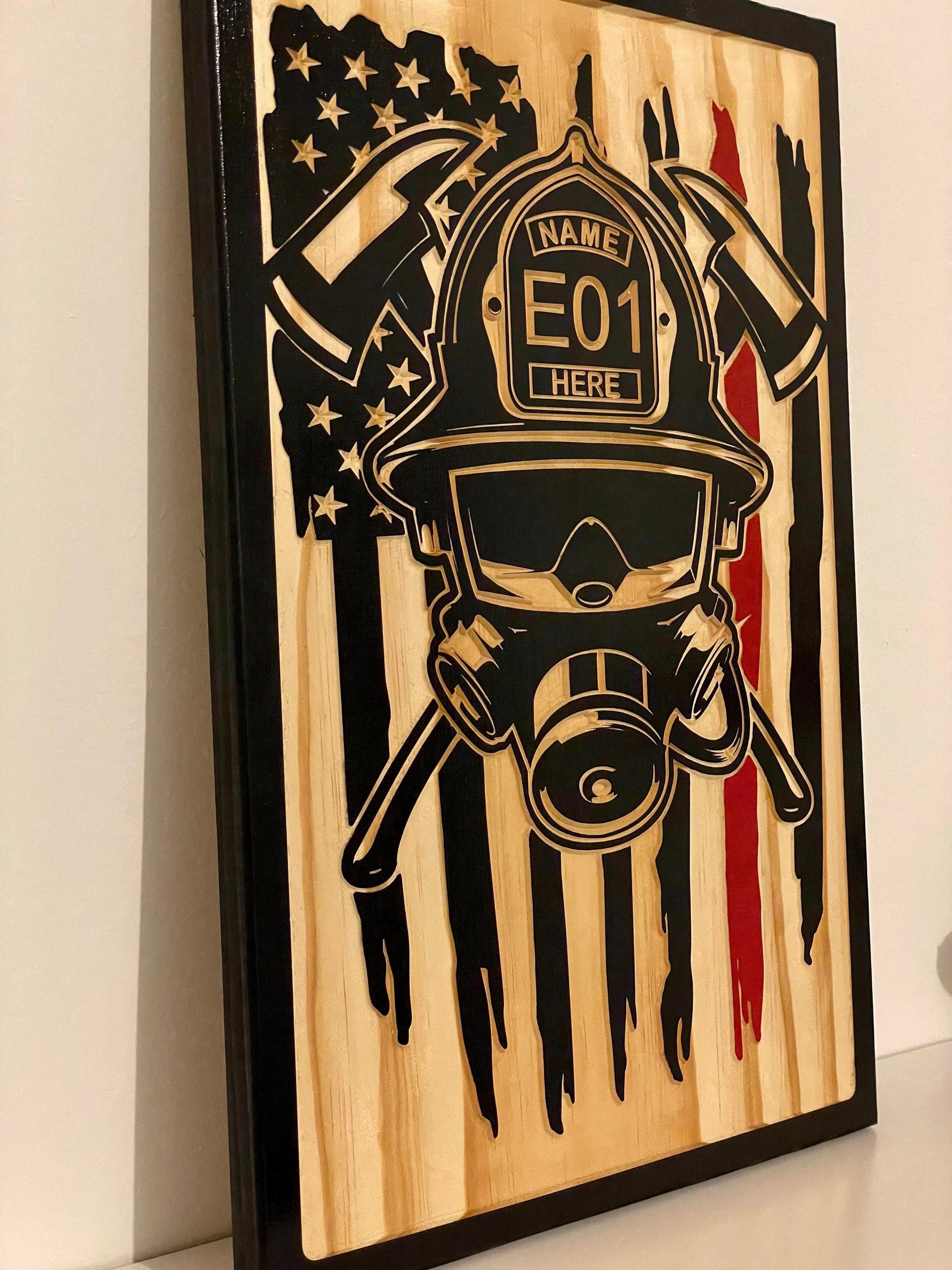 Carved Wood Firefighter Sign Helmet American Flag Thin Red | Etsy