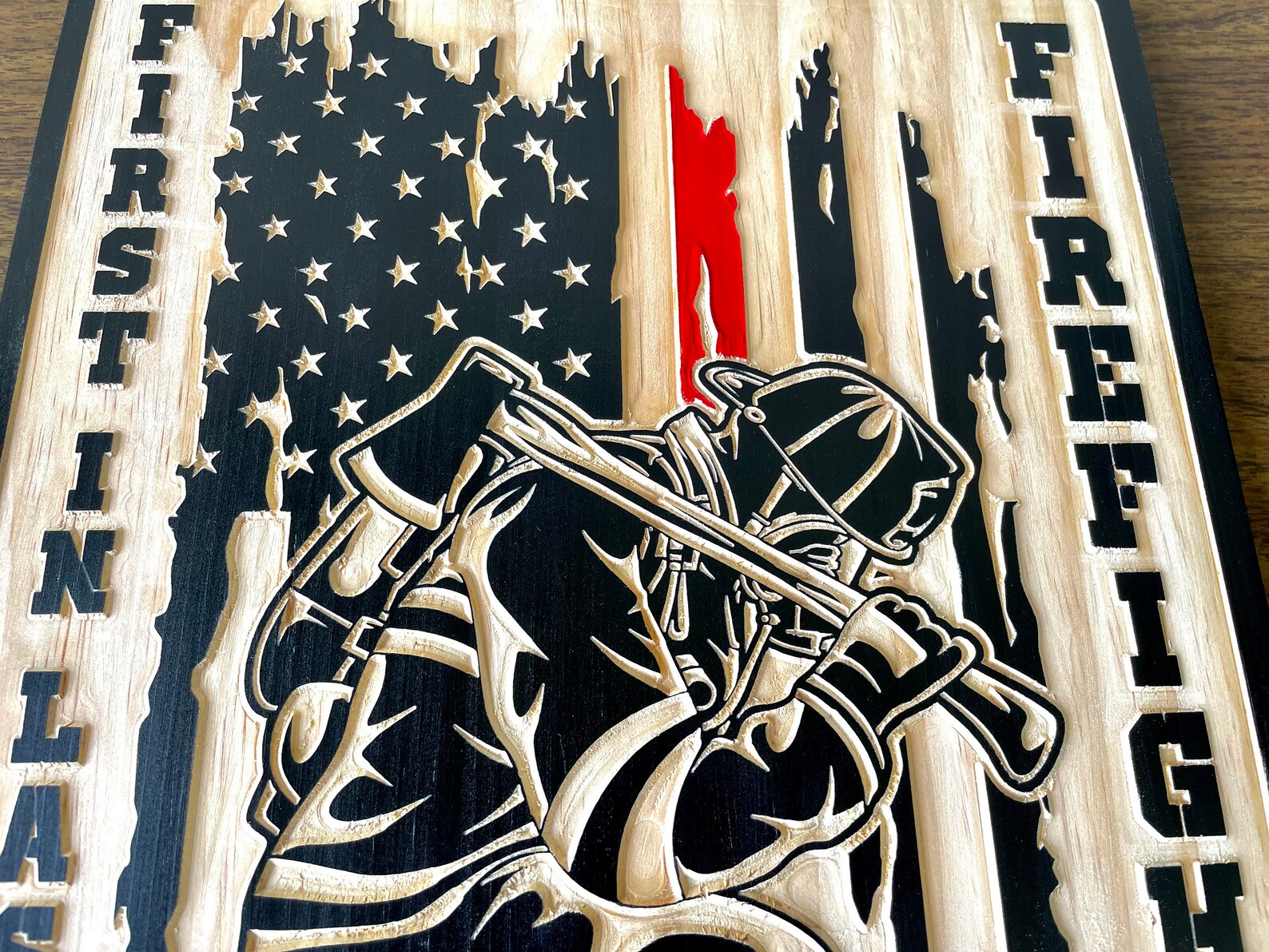 Carved Wood Firefighter Sign American Flag Thin Red Line - Etsy