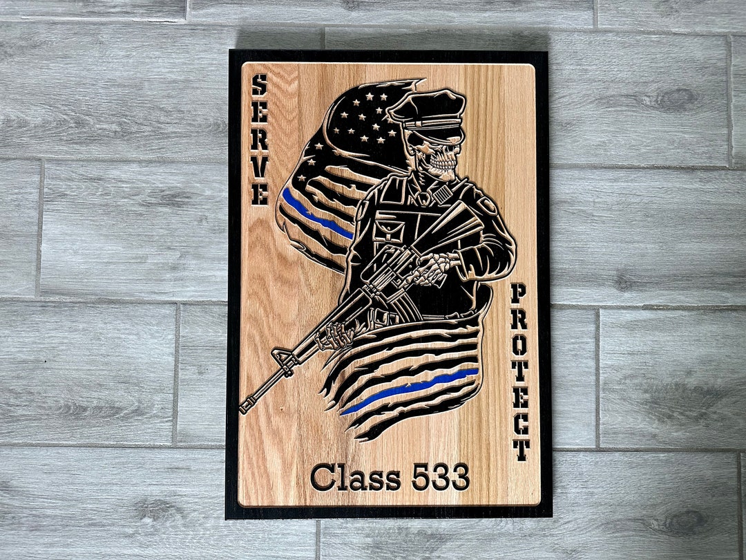 Carved Wood Police Officer Sign, Skull American Flag Thin Blue Line ...