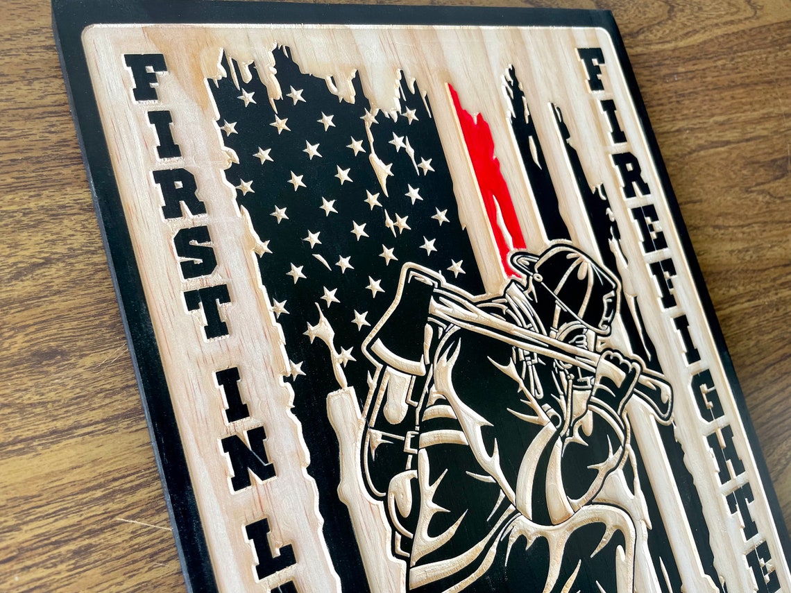 Carved Wood Firefighter Sign American Flag Thin Red Line - Etsy