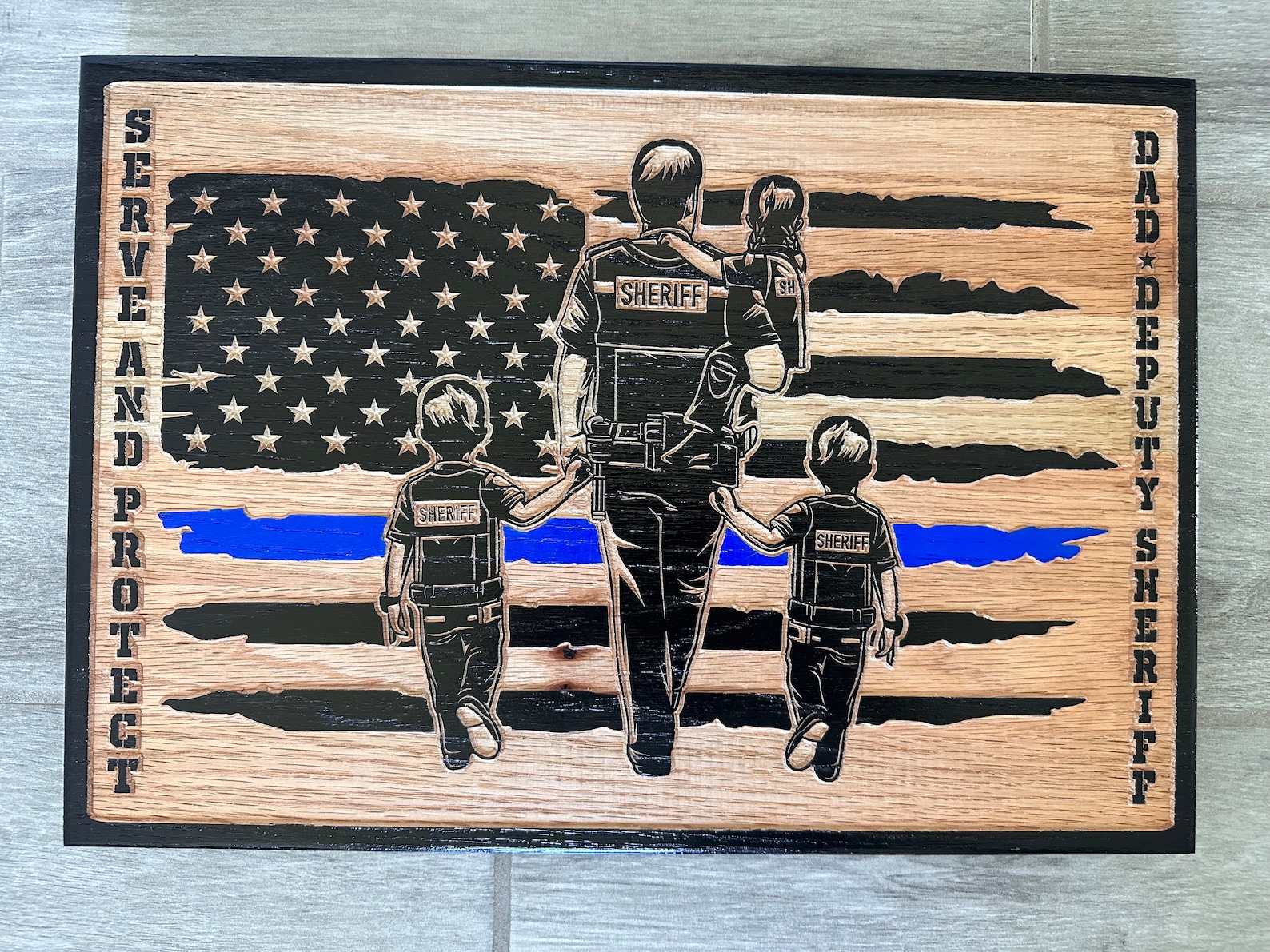 Carved Wood Deputy Sheriff Sign, Dad American Flag Thin Blue Line ...
