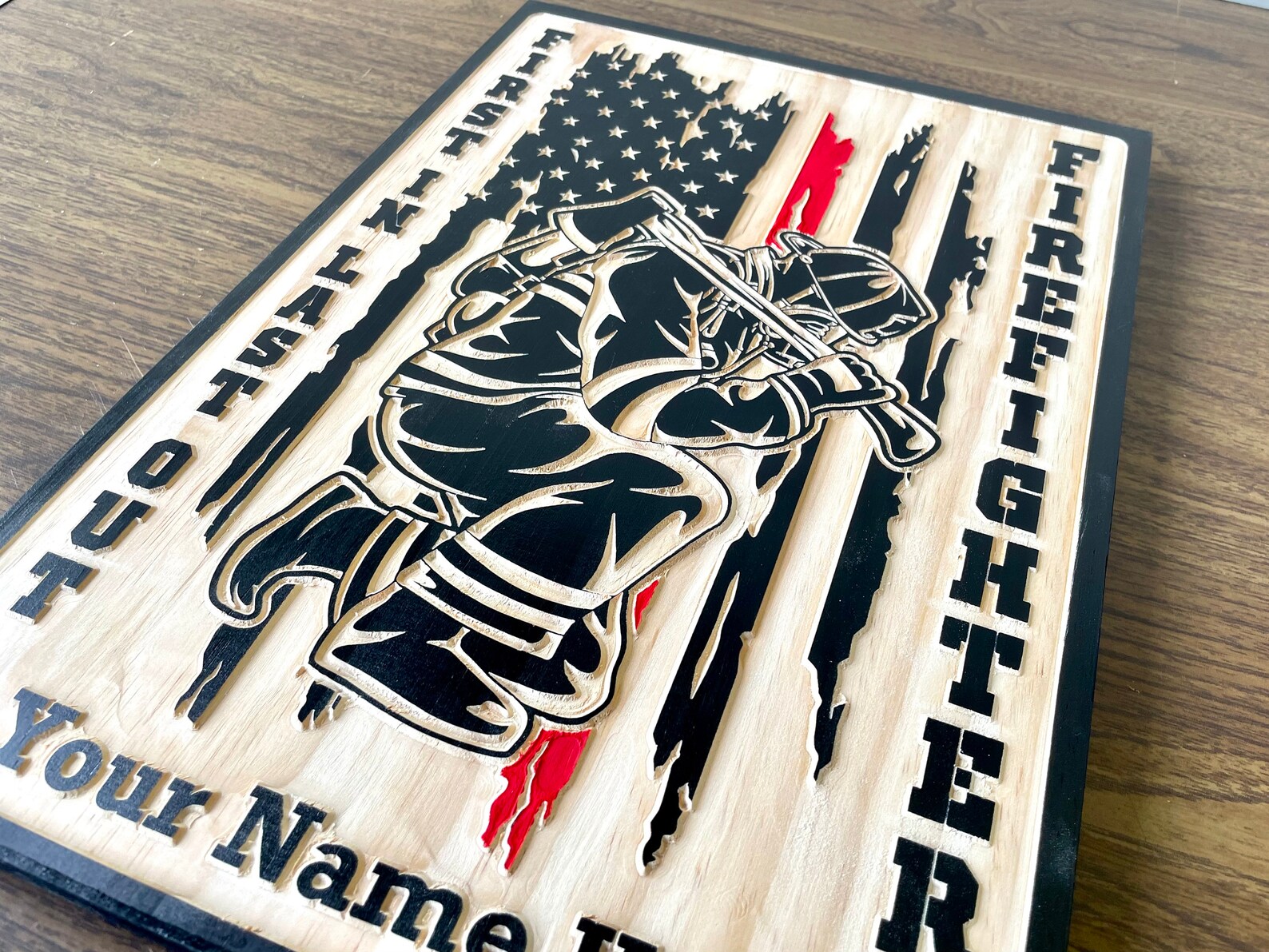 Carved Wood Firefighter Sign American Flag Thin Red Line - Etsy
