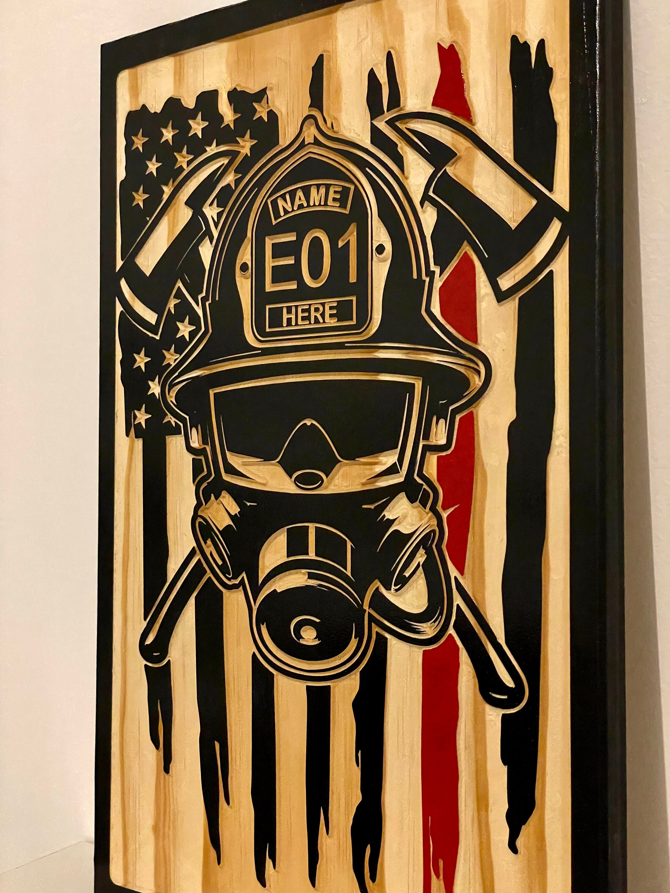 Carved Wood Firefighter Sign Helmet American Flag Thin Red | Etsy