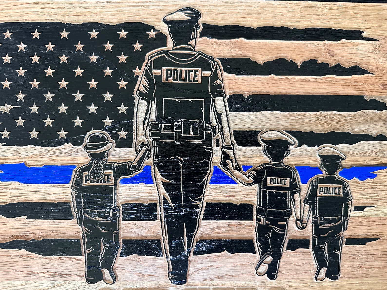 Carved Wood Police Officer Sign, Dad American Flag Thin Blue Line ...