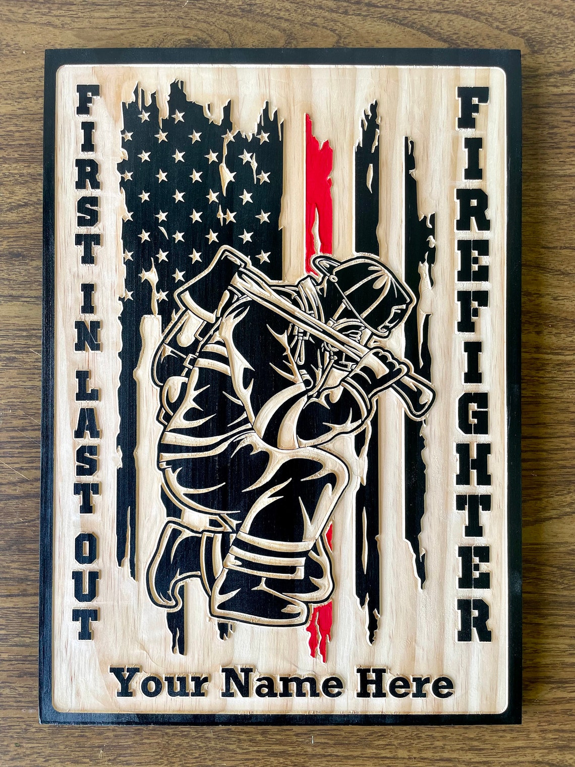 Carved Wood Firefighter Sign American Flag Thin Red Line | Etsy